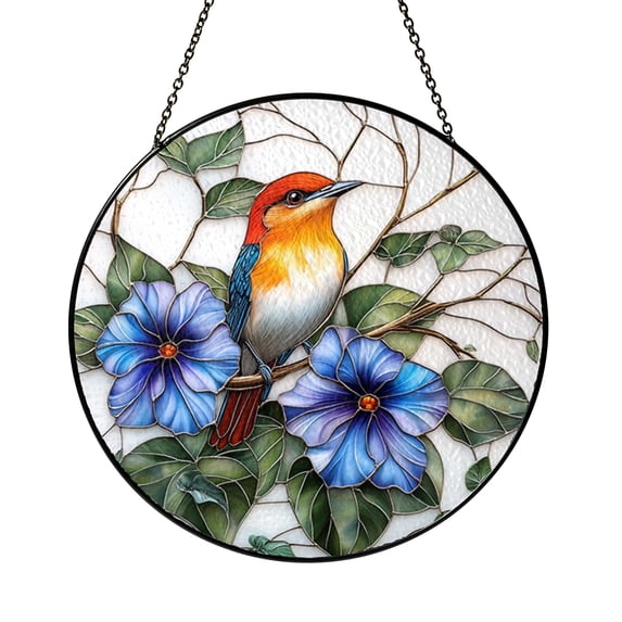Bird with Flowers Glass Window Ornament, Decorative Stained Glass Style ...