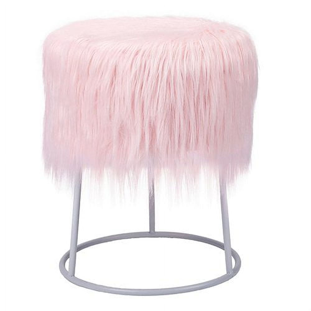 BirdRock Home Round Pink Faux Fur Foot Stool Storage Ottoman with White ...