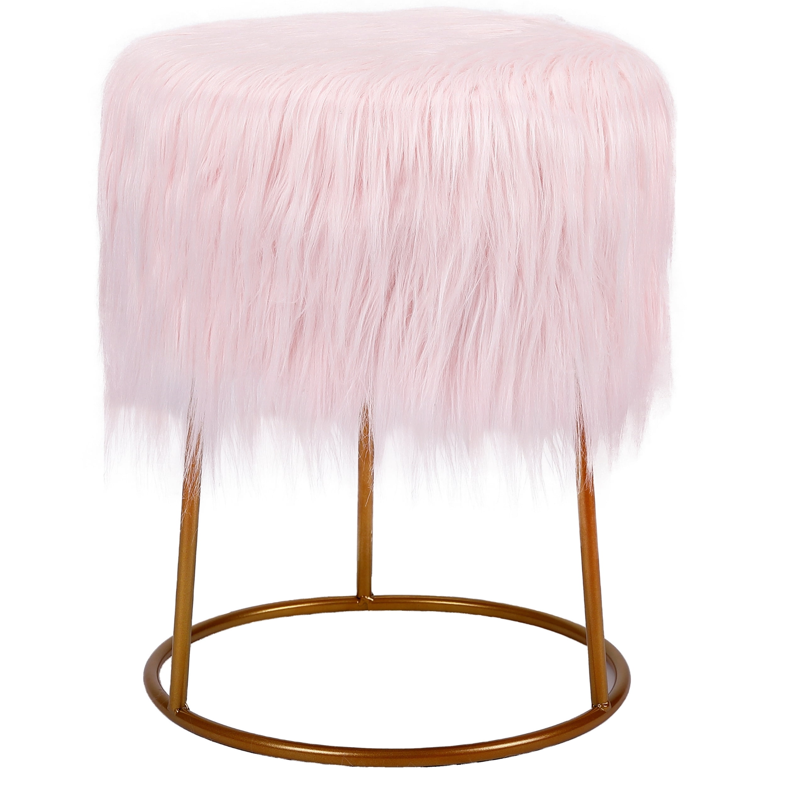 BirdRock Home Round Pink Faux Fur Foot Stool Storage Ottoman with Pale ...
