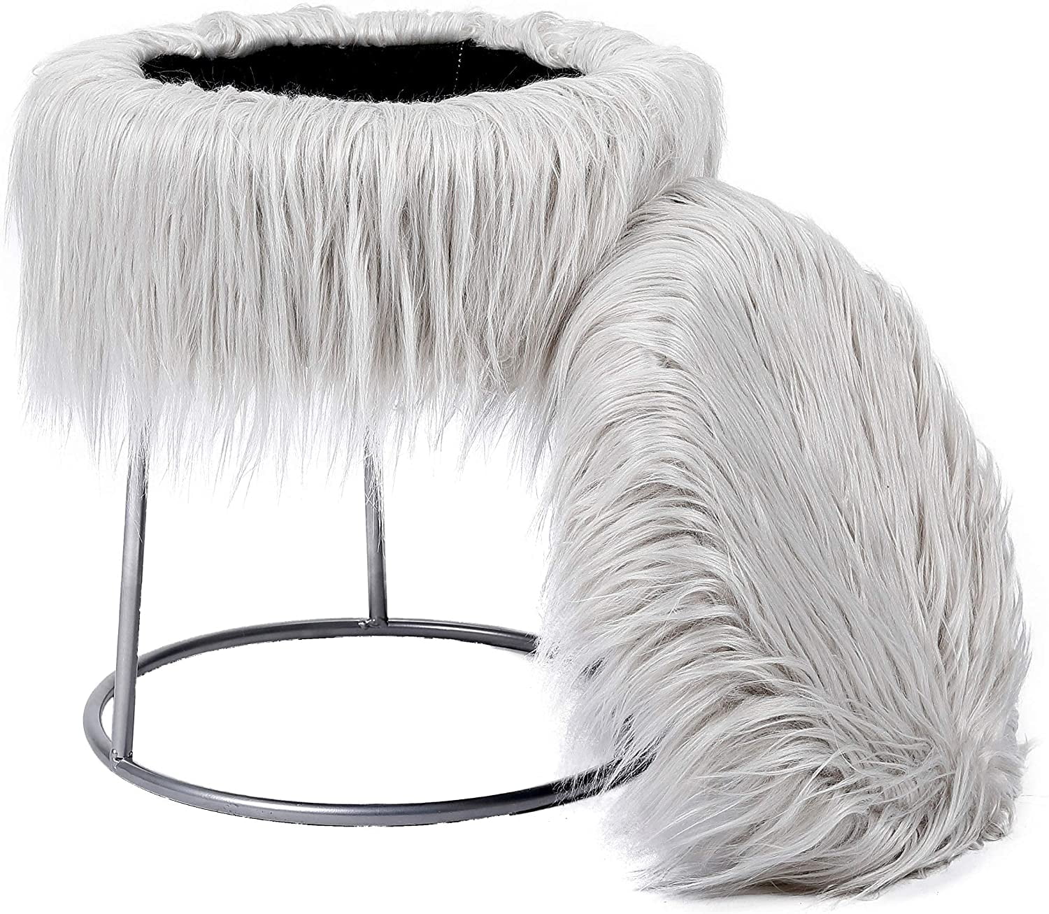 BirdRock Home Round White Faux Fur Foot Stool Storage Ottoman with ...