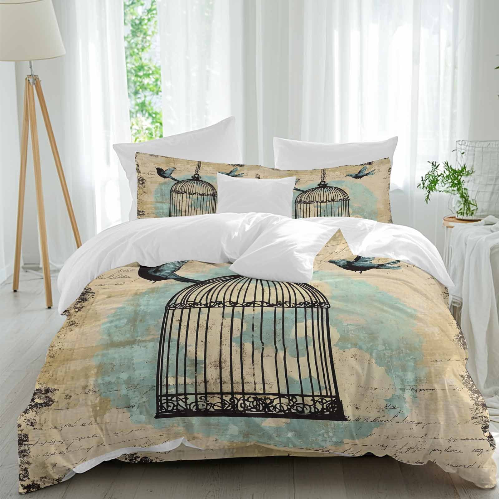 Birdcage 4 Piece Duvet Cover Set Queen Size Vintage Retro Bird Cage ...