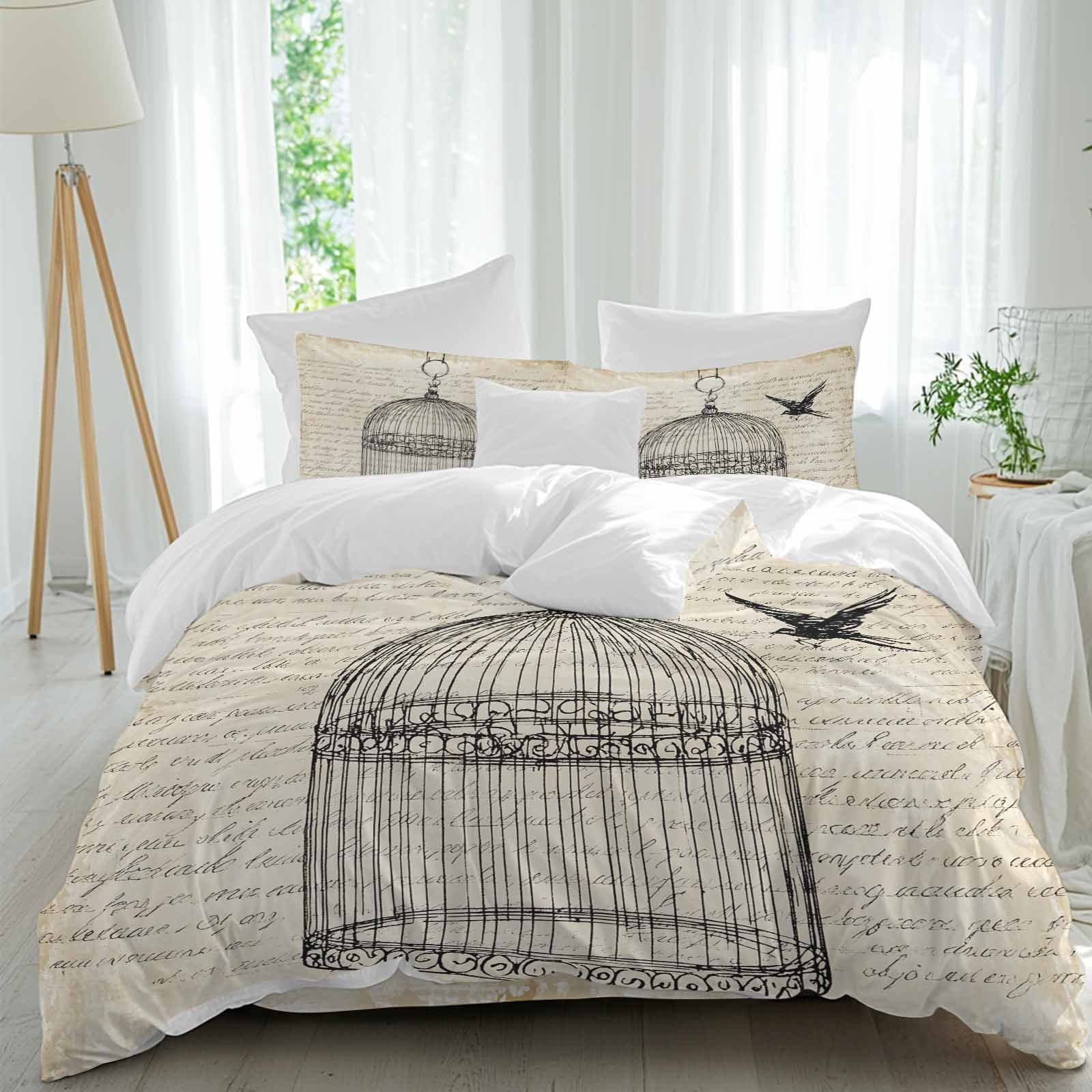 Birdcage Bird 4 Piece Duvet Cover Set Queen Size Vintage Hand-painted ...