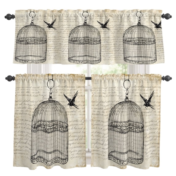 Birdcage Bird Kitchen Curtains Set for Windows, Vintage Hand-painted ...