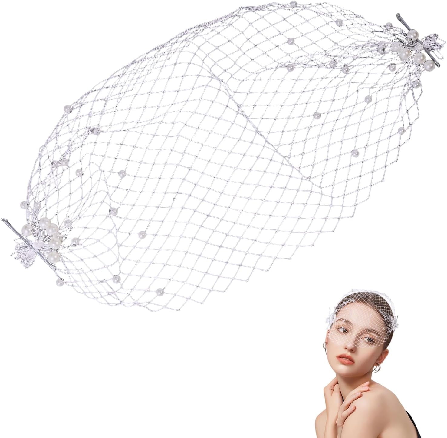 Birdcage Face Veil Pearl Fasacinator White Mesh Lace with Pearls ...