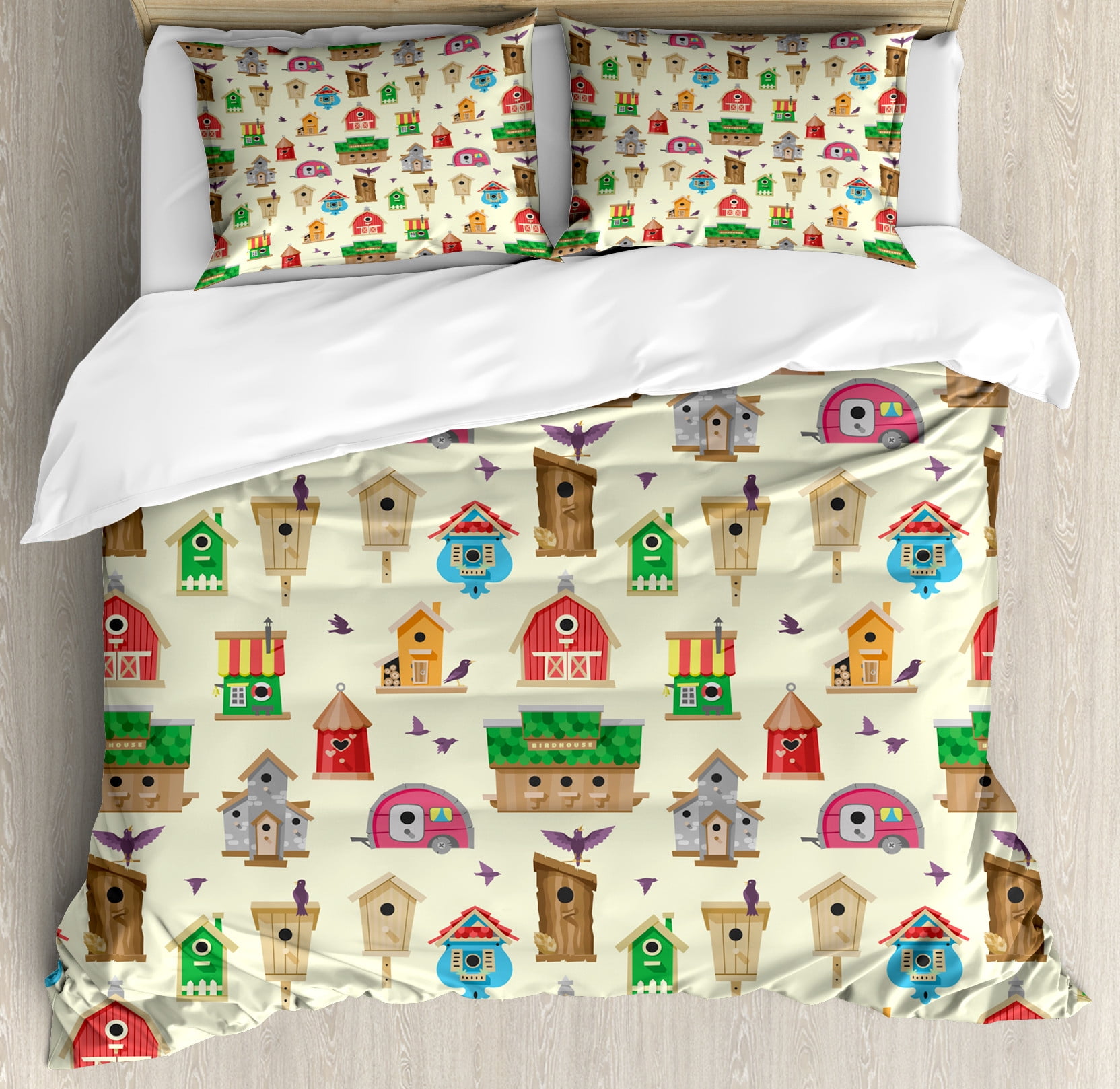 Birdhouse Duvet Cover Set, Human Made Bird Nest Wooden Houses of ...