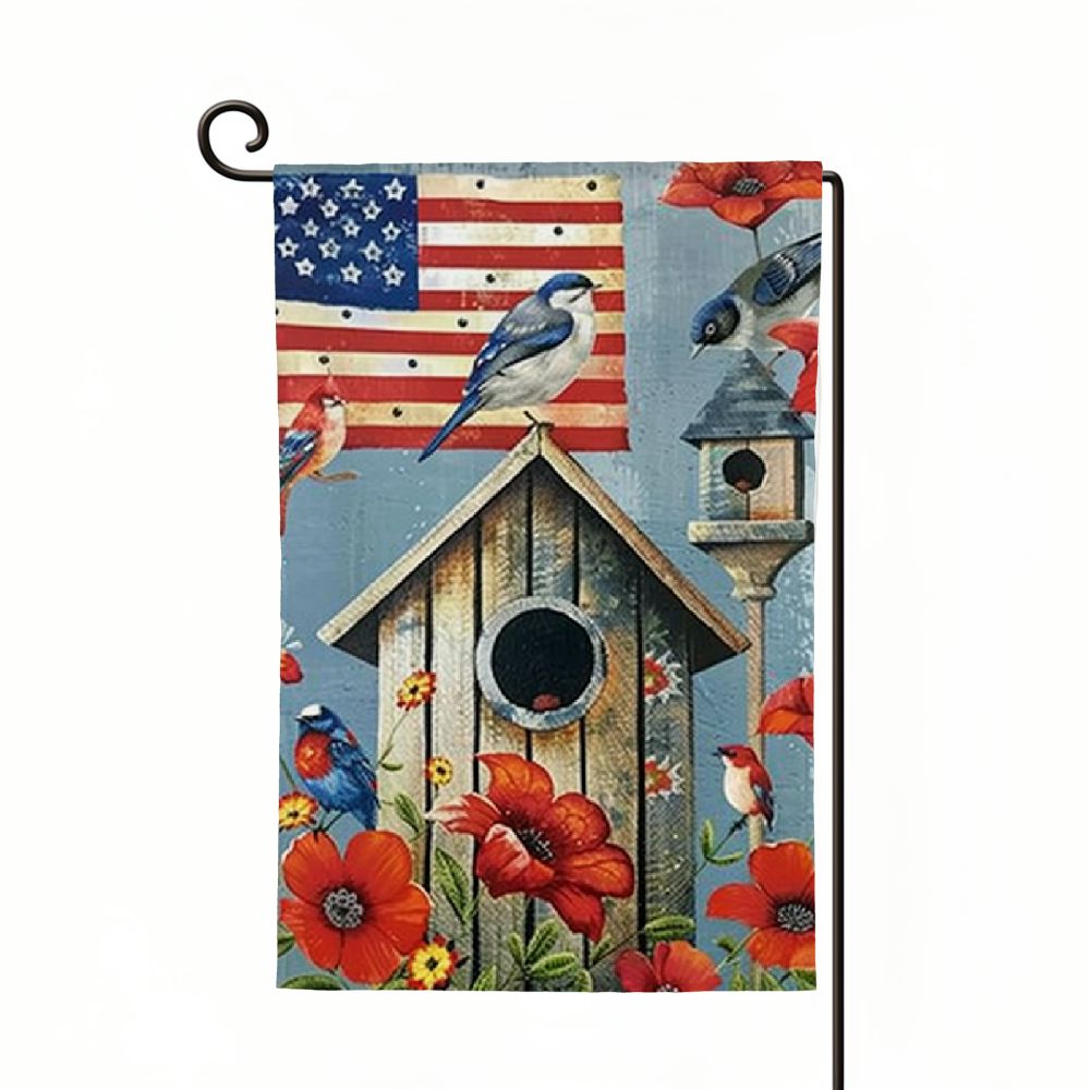 Birdhouse Garden Flag Double Sided, Small Burlap Patriotic Floral ...