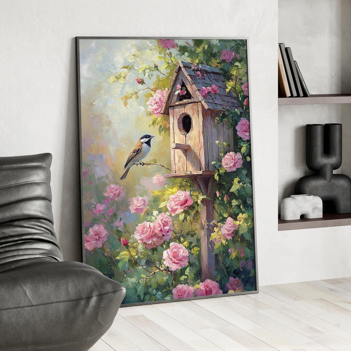 Birdhouse Garden Sparrow Rose Wall Art Cottagecore Decor, Stretched ...