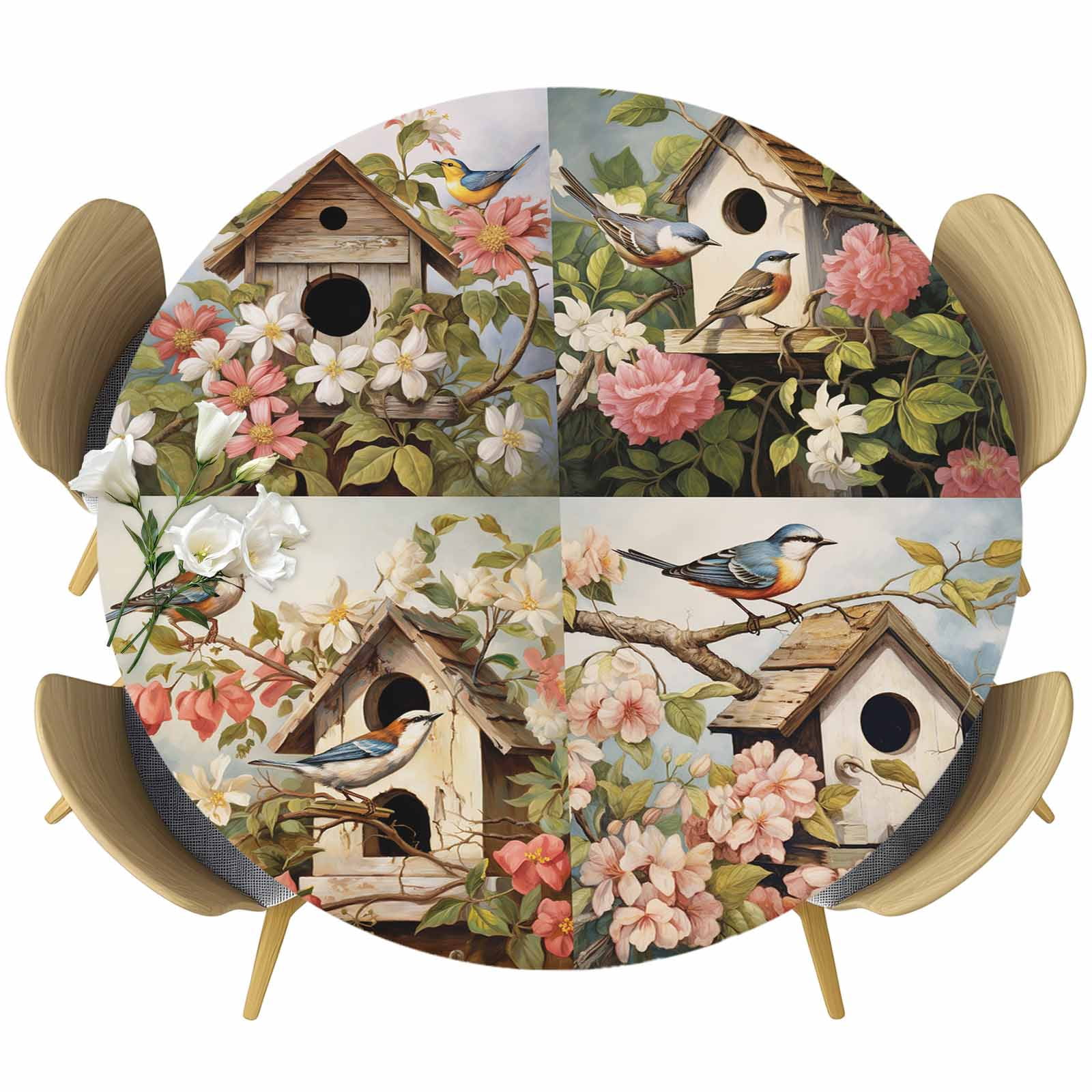 Birdhouse Table Cloth, Round Fitted Tablecloths with Elastic Edge ...
