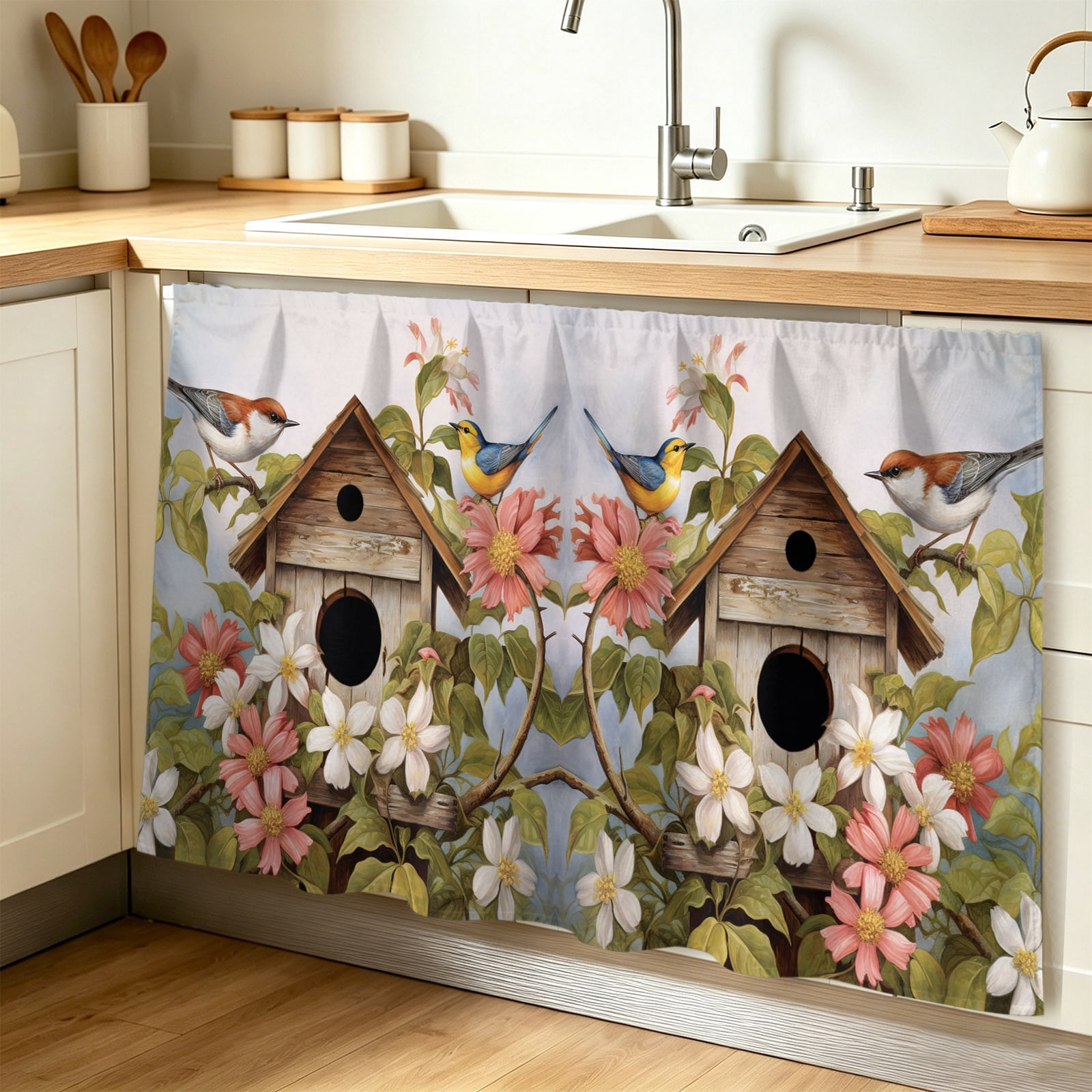 Birdhouse Vintage Cabinet Curtain 32"Wx55"L, Dustproof Pantry Door ...