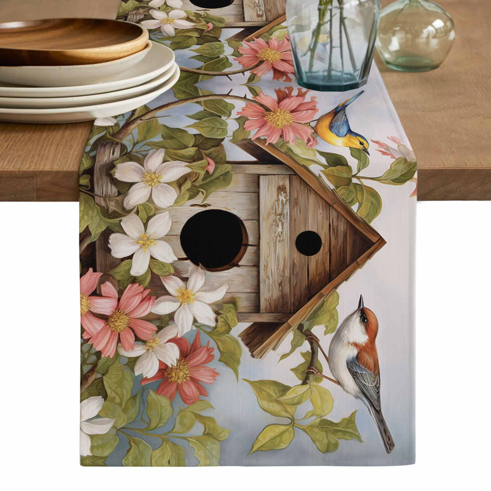 Birdhouse Vintage Table Runner, Spring Floral Birds Botanical Washable ...