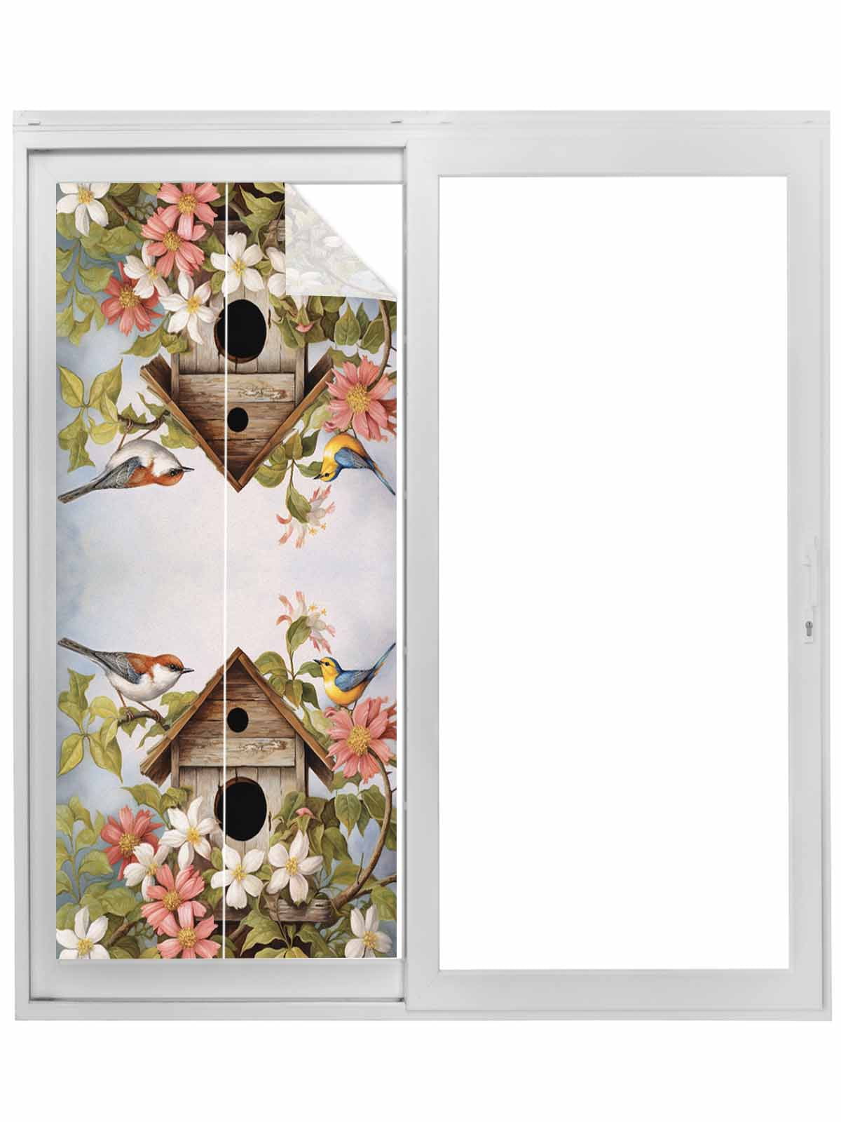 Birdhouse Vintage Window Privacy Film, Spring Floral Birds Botanical ...