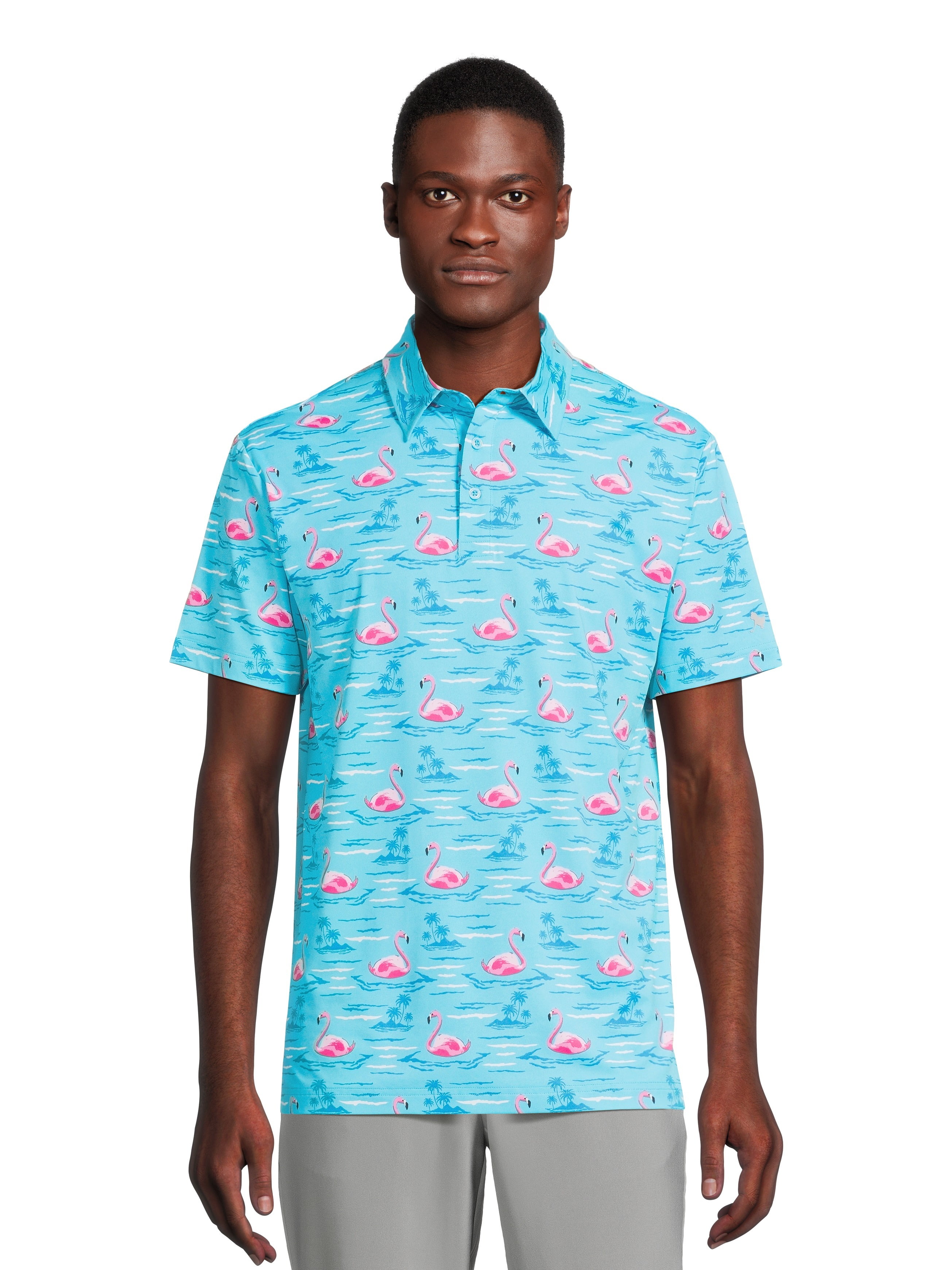 Birdie Bound Men's Golf Polo Shirt, Flamingo Print, UV Protection ...