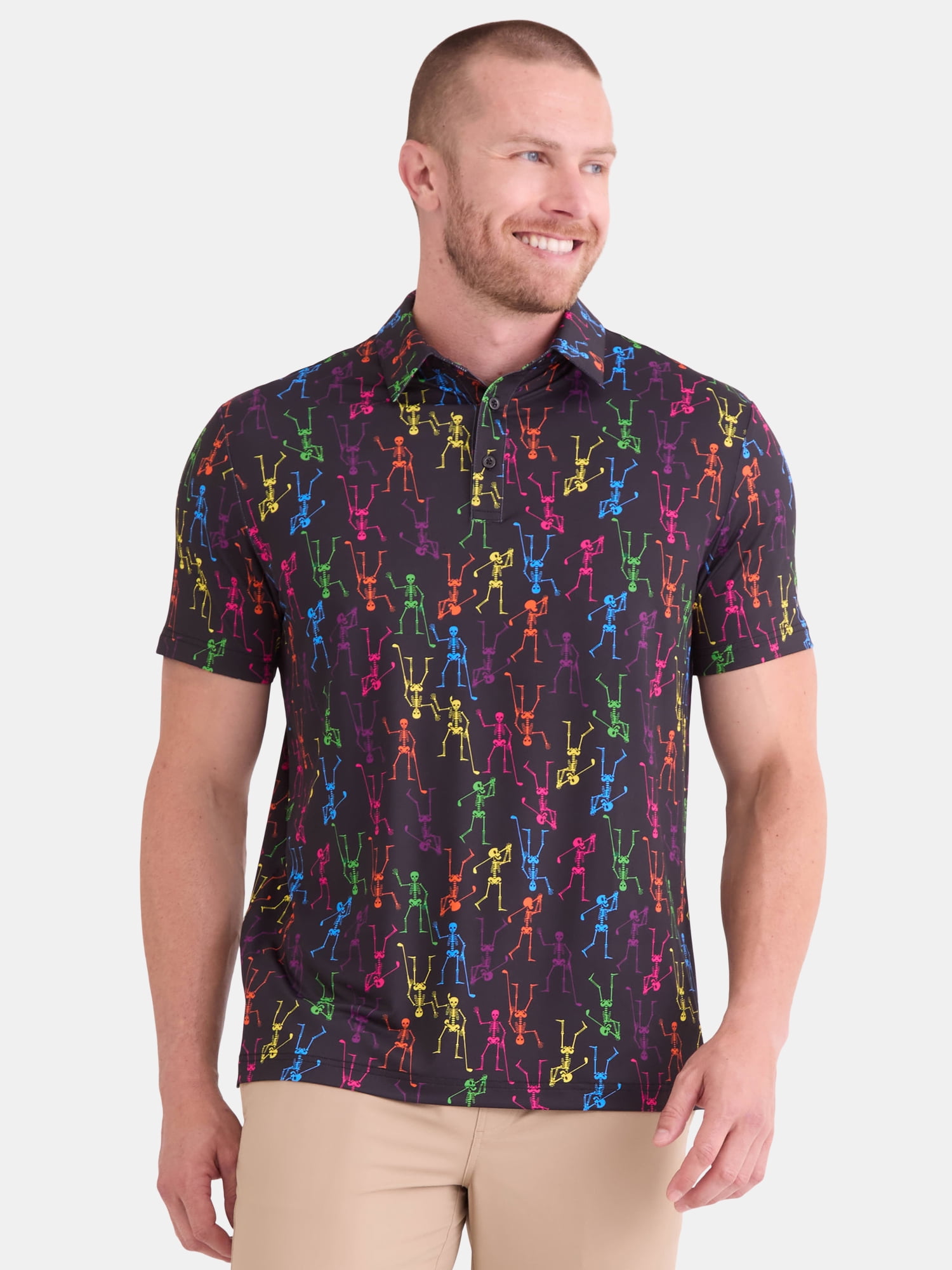 Birdie Bound Men's and Big Men's Halloween Neon Skeletons Golf Polo ...