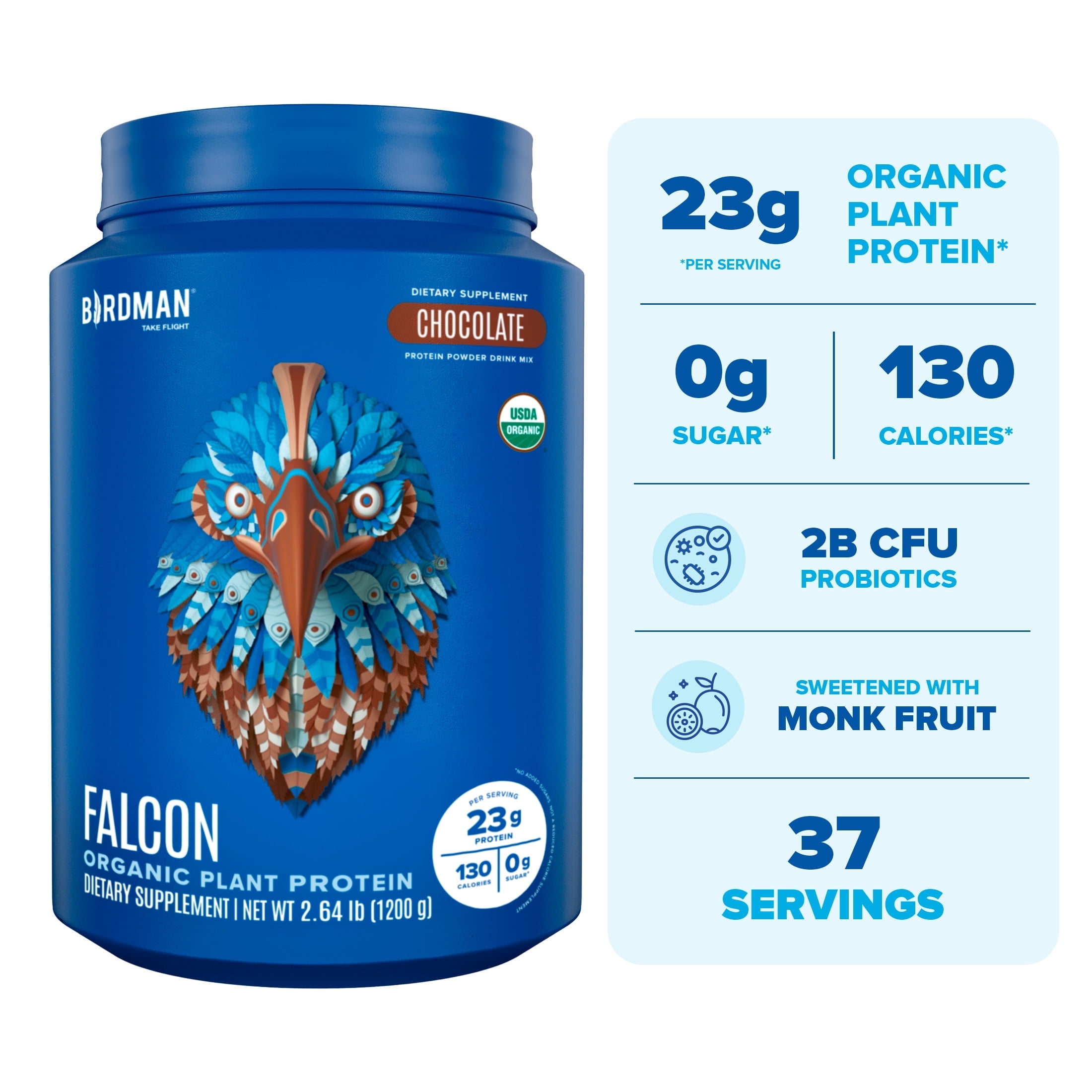 BIRDMAN Falcon Organic Vegan Protein Powder, Chocolate, 23g Pea Protein ...