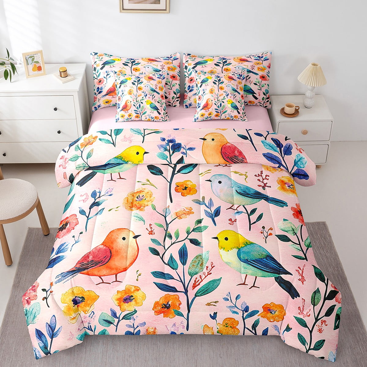 Birds 7 Piece Comforter Set Twin Bed in a Bag,Pink Flowers Botanical ...