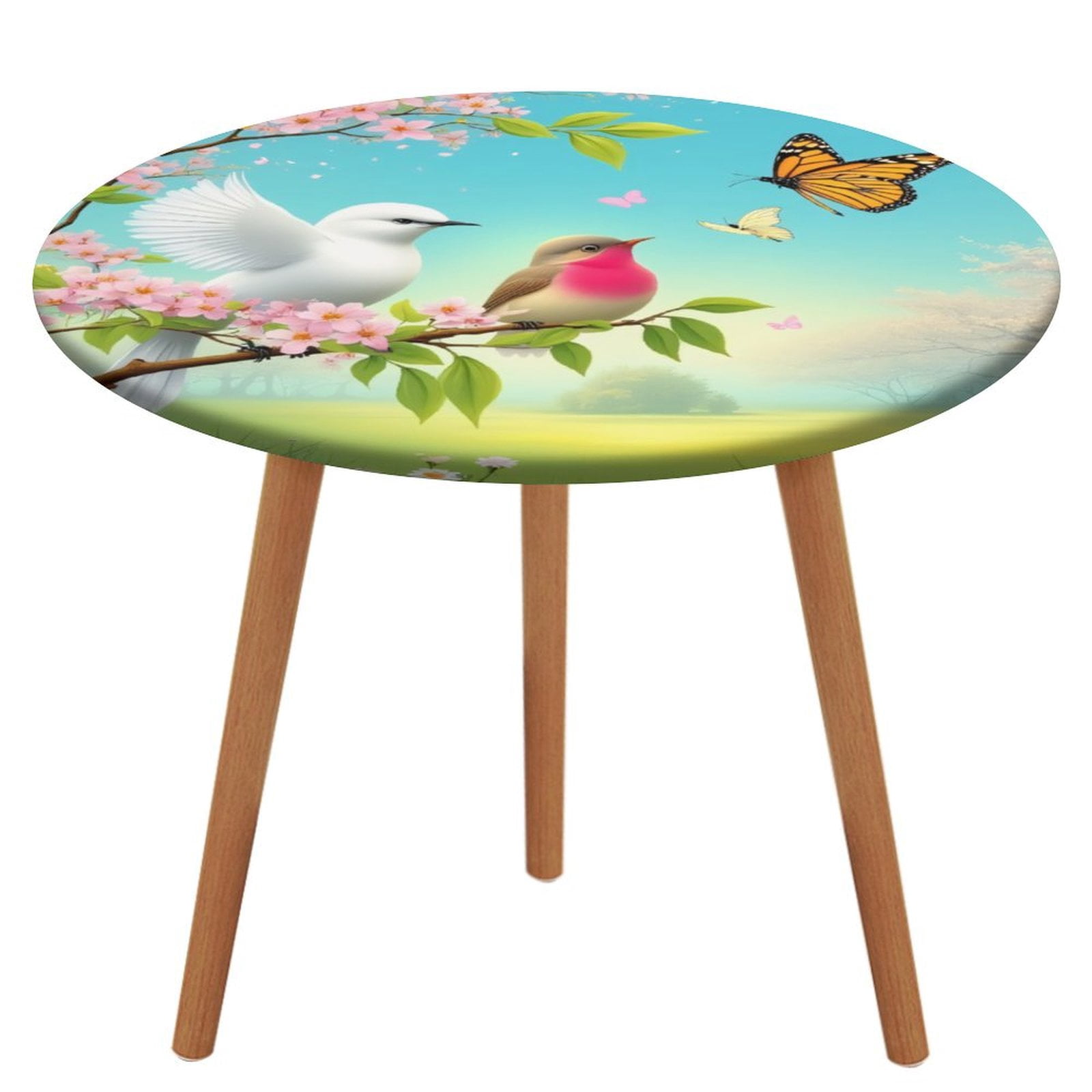 Birds And Butterflies in Spring Garden Round Fitted Tablecloth Elastic ...