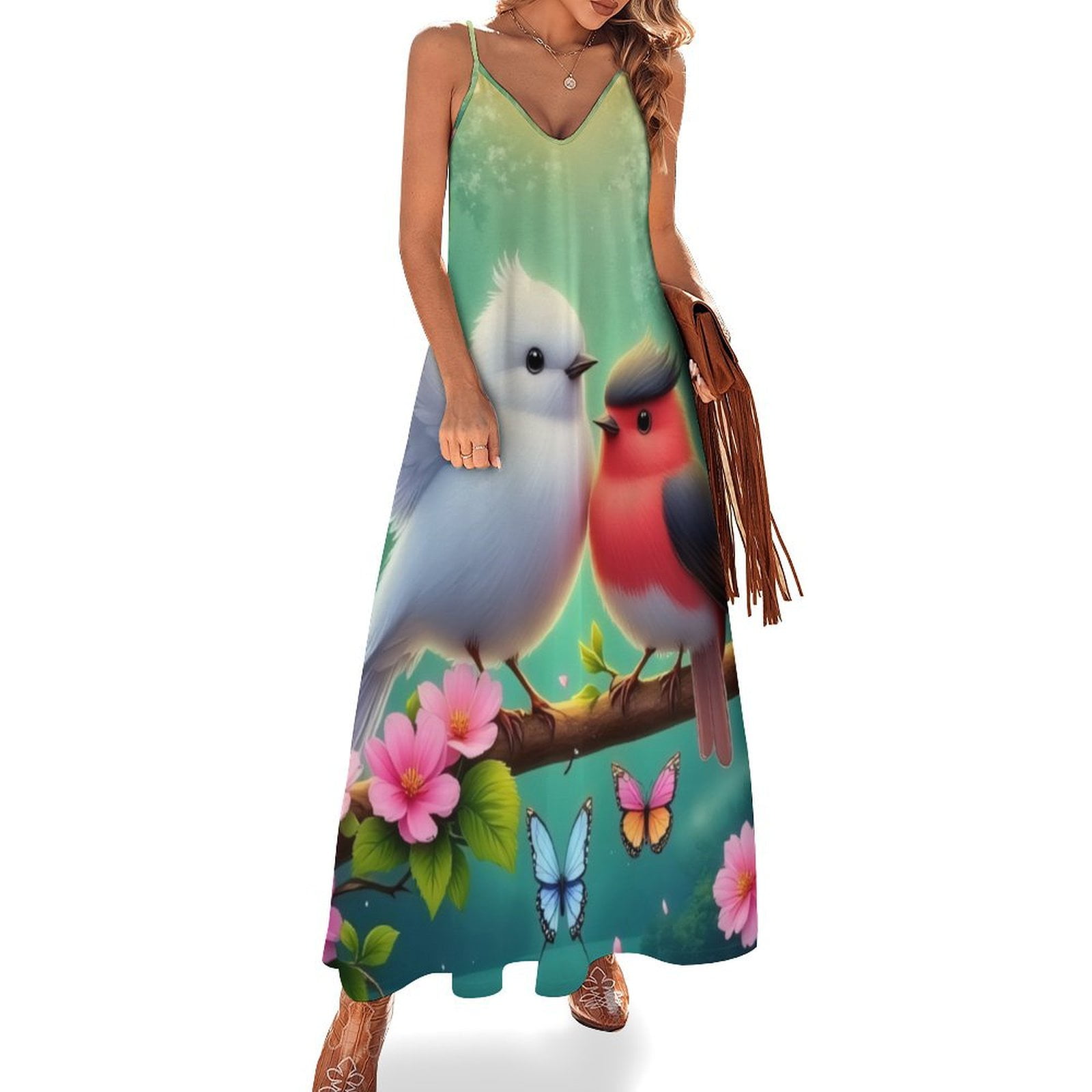 Birds And Butterflies in Spring Garden Sleeveless Dress Women's Luxury ...