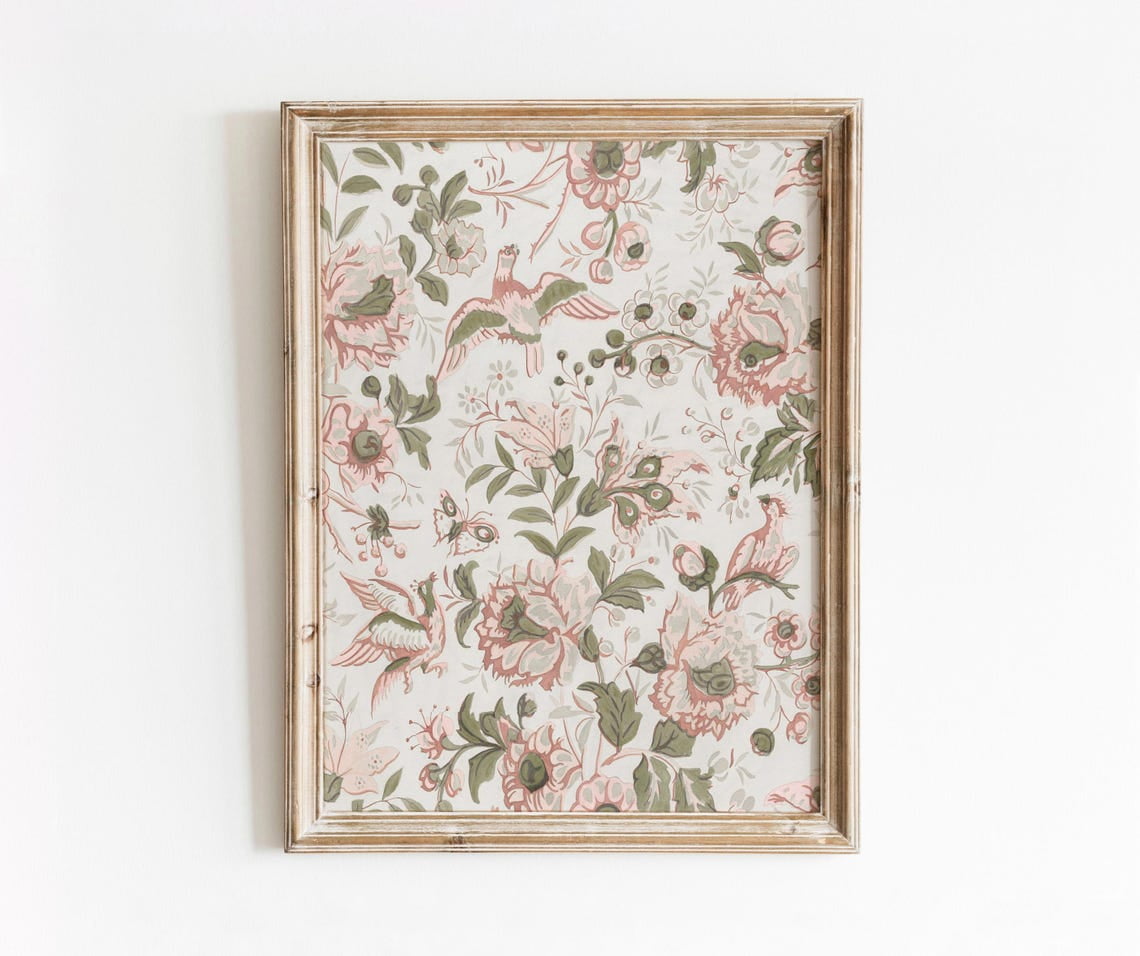Birds And Flowers Pattern, Vintage Floral Wall Art, Unframed Paper ...