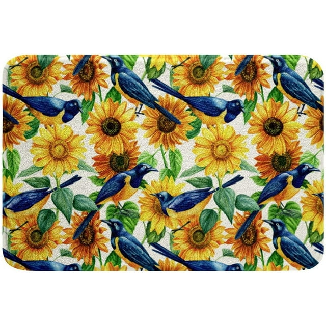 Birds Bath Rugs Sunflower Door Rug Blue Bird Bath Mat Plants Leaf ...