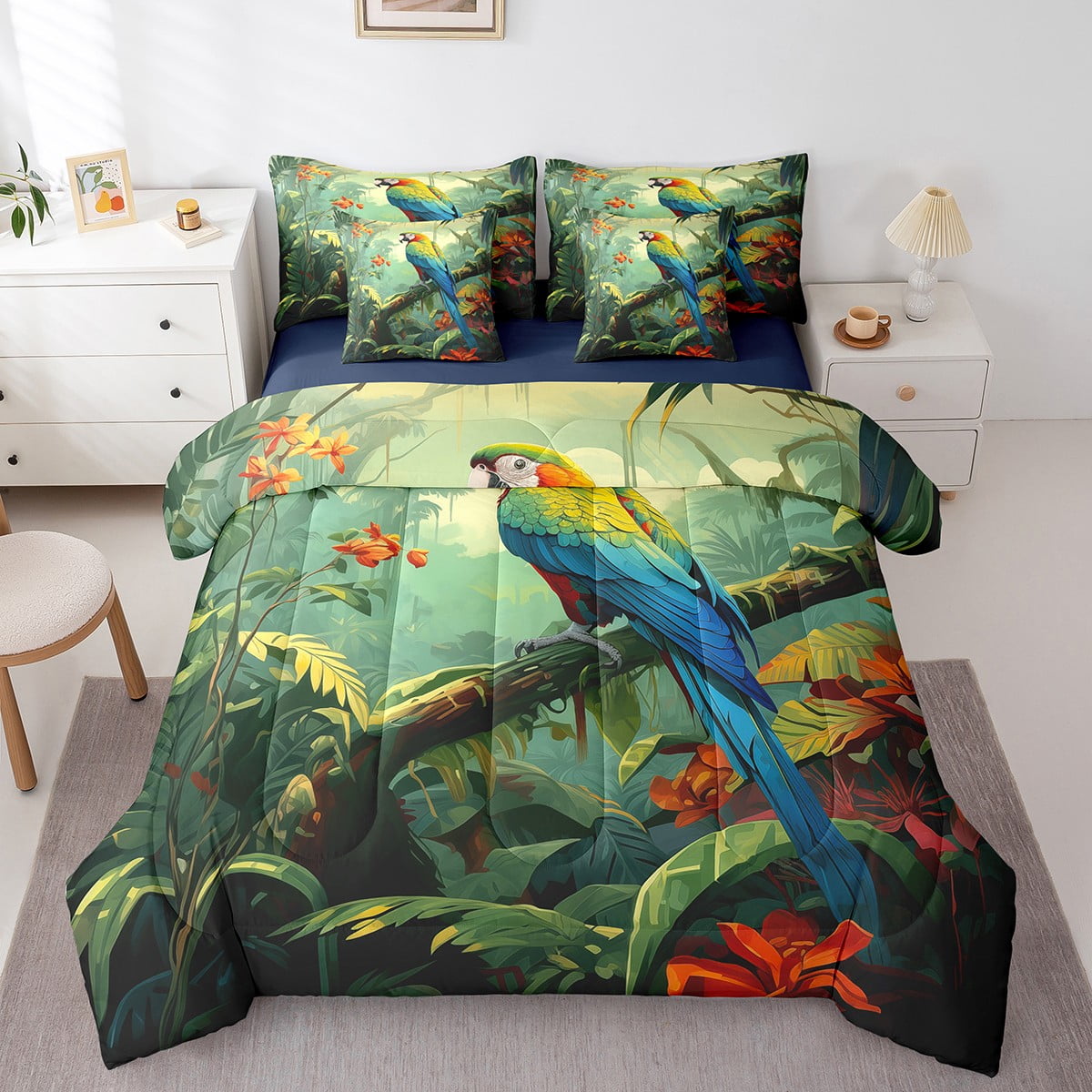 Birds Bedding Set Twin Size, Parrot Woodland Trees Soft Comforter Set ...