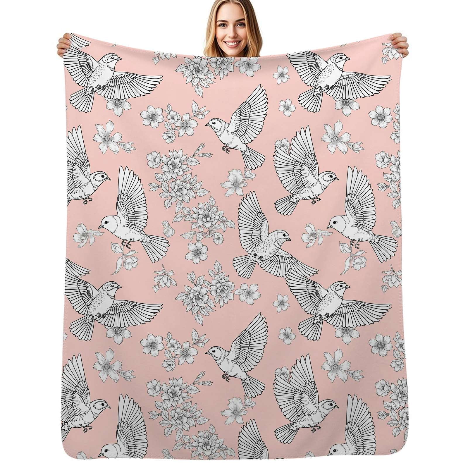 Birds & Blossoms Pattern Flannel Blankets Soft Throw Blanket Winter Travel Office Outdoor ...
