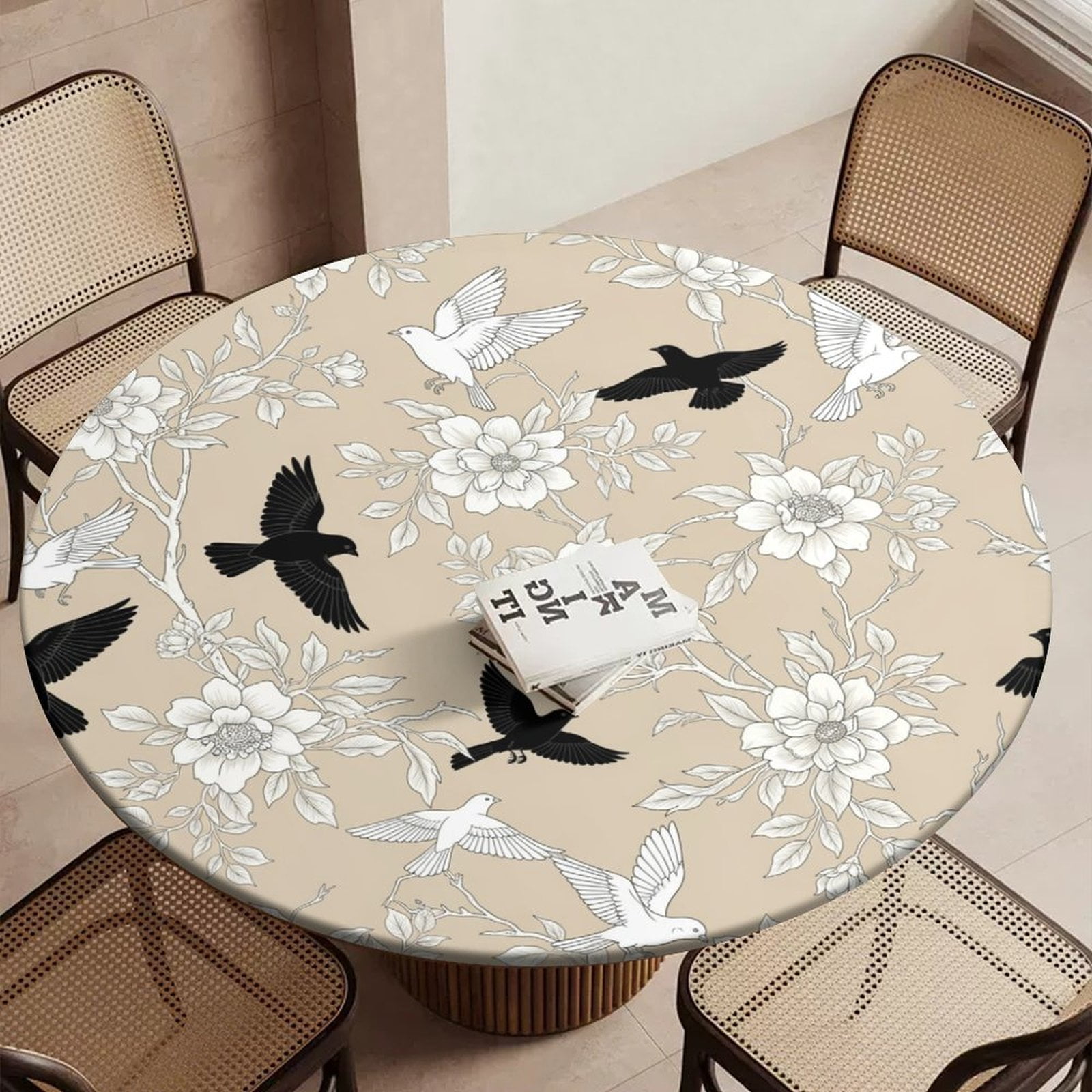 Birds & Blossoms Pattern Round Table Cover Kitchen Printed Waterproof ...