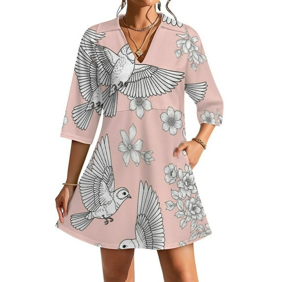 Birds & Blossoms Pattern Womens Dress With Pockets Summer V Neck 3/4 ...