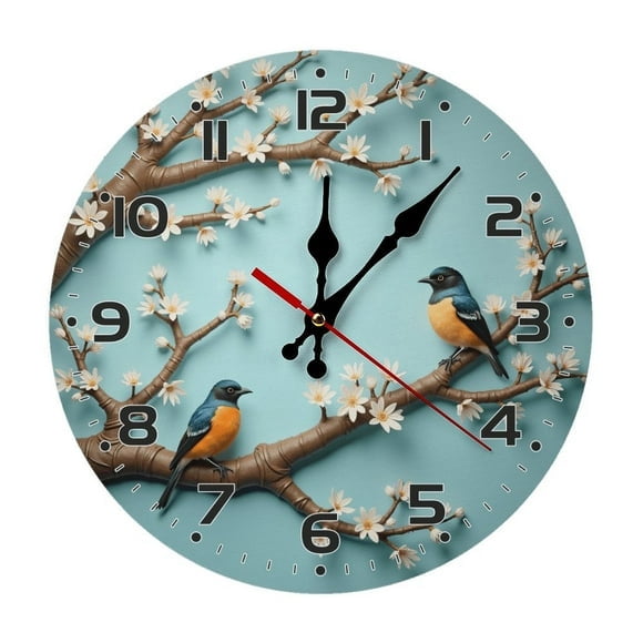 Birds Blue MDF Wood 10in Round Wall Clock, Silent Non-Ticking Battery ...