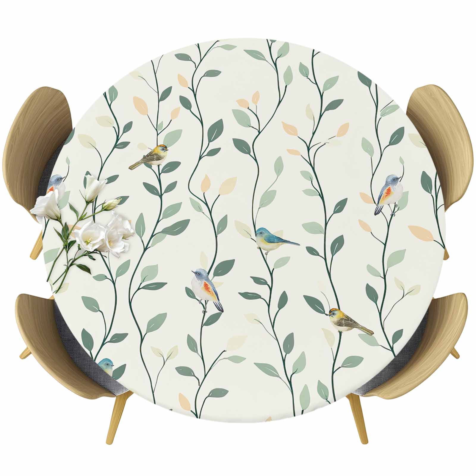 Birds Branches Round Tablecloth 36-44 Inch Round Fitted Table Cloth ...