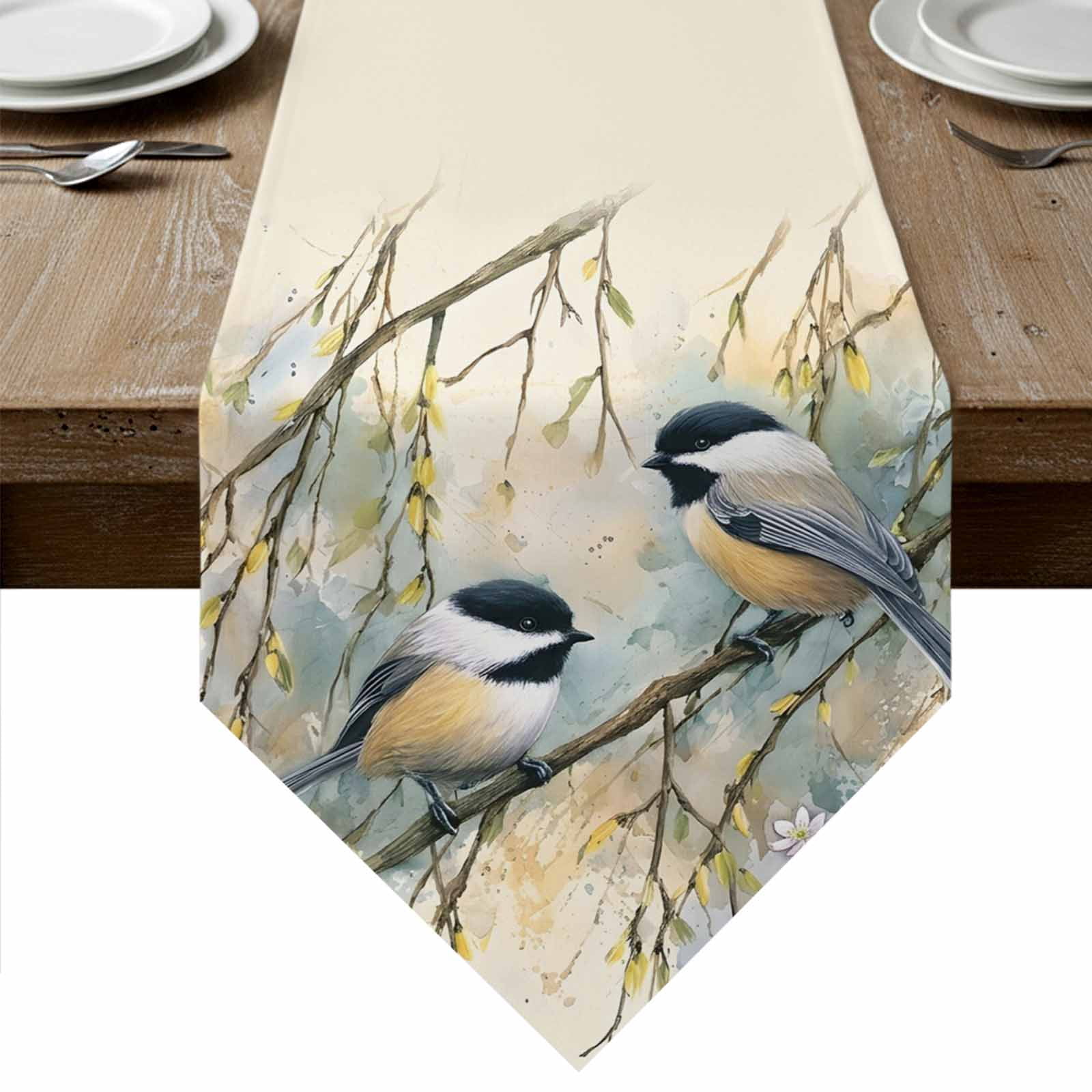 Birds Branches Table Runner Linen Burlap Table Runner 60 Inches Long ...