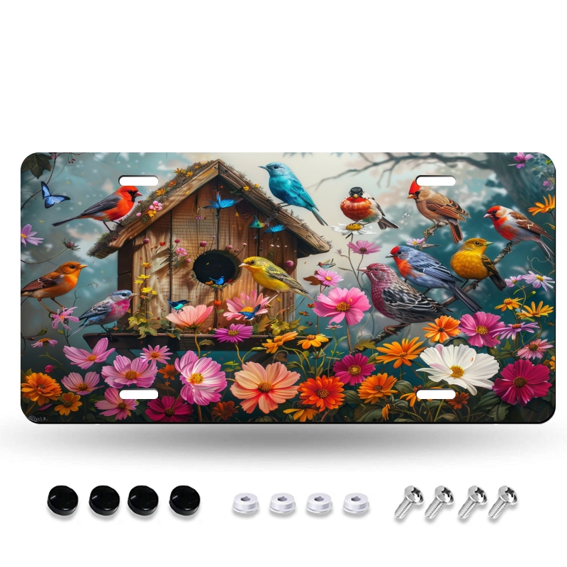Birds and Butterflies Around a Cozy Birdhouse License Plate Frame ...