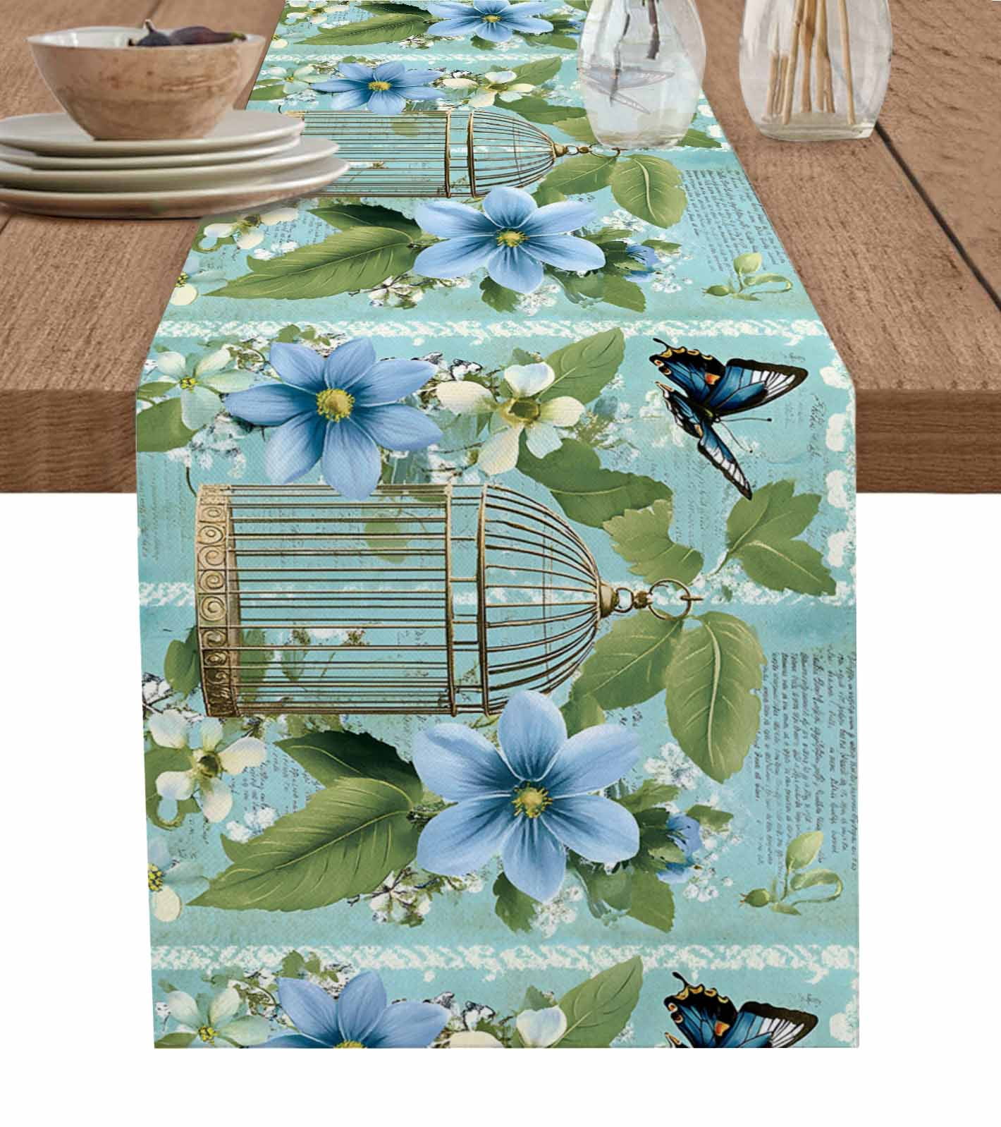 Birds Cage Burlap Cotton Table Runner 13x90 Inches Long, Spring ...