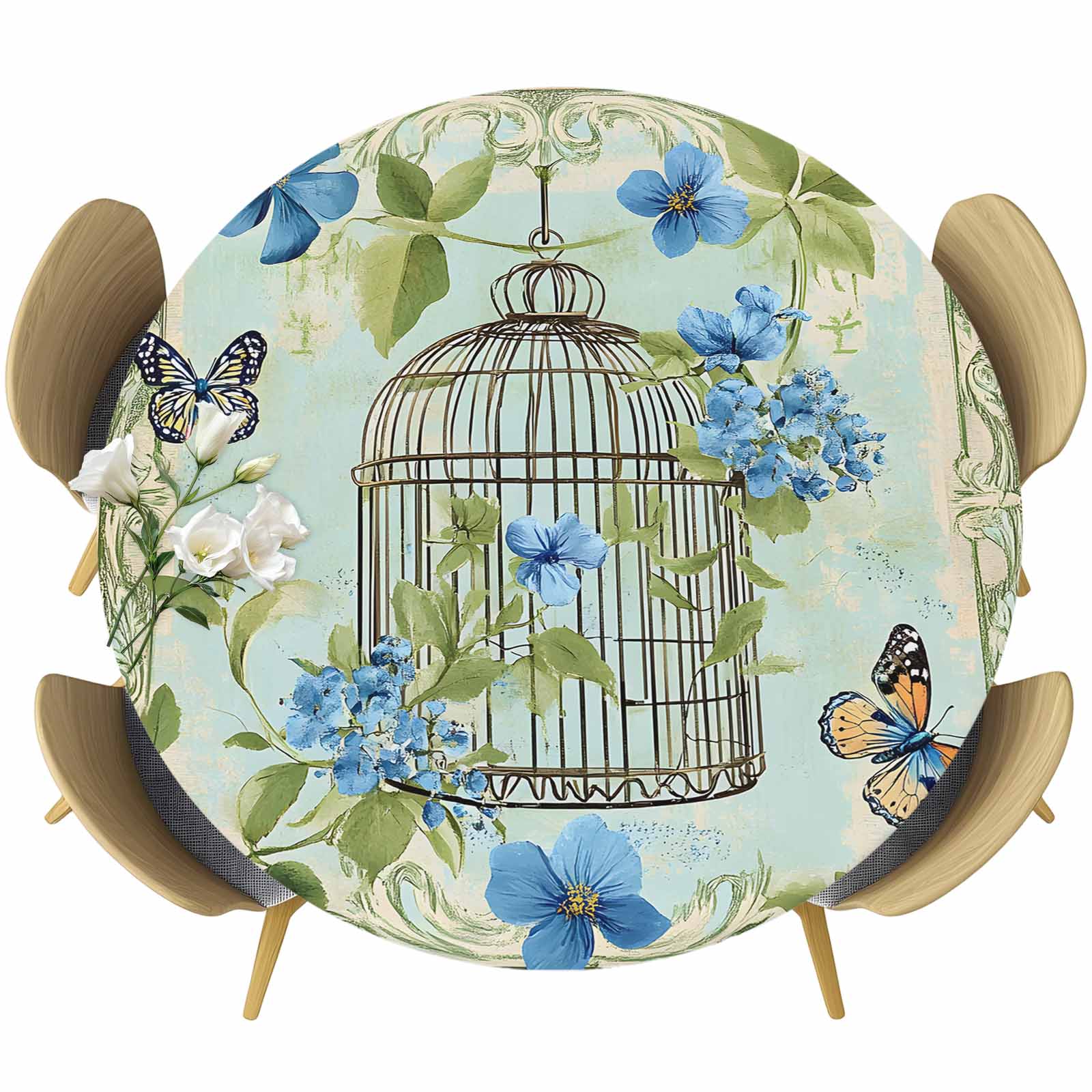 Birds Cage Round Tablecloth 45-54 Inch Round Fitted Table Cloth with ...