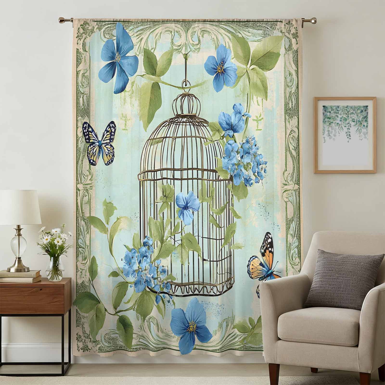 Birds Cage Sheer Curtains 63 Inches Long, Green Botanical Blue Floral ...