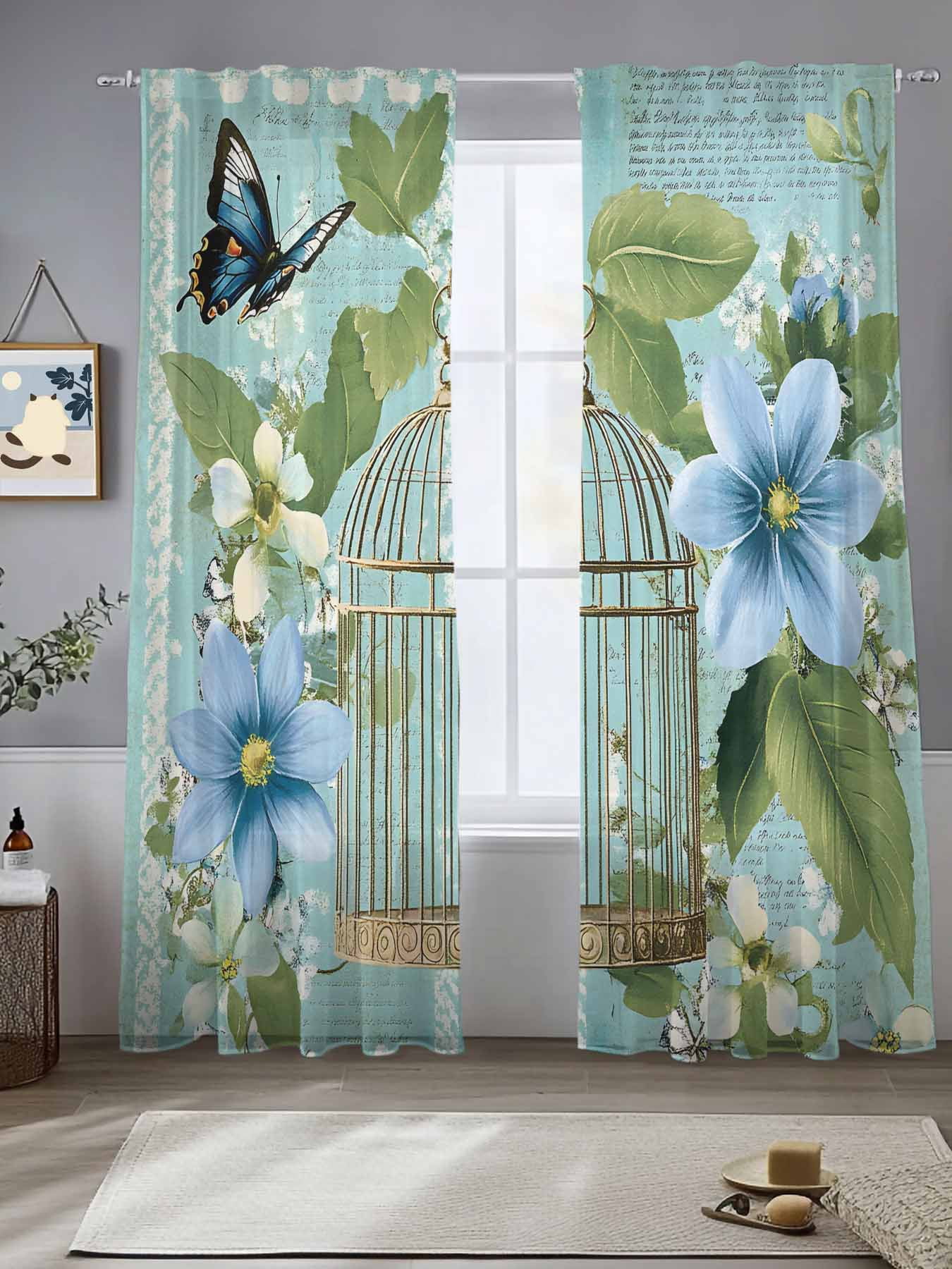 Birds Cage Sheer Curtains for Living Room Bedroom Spring Botanical Blue ...