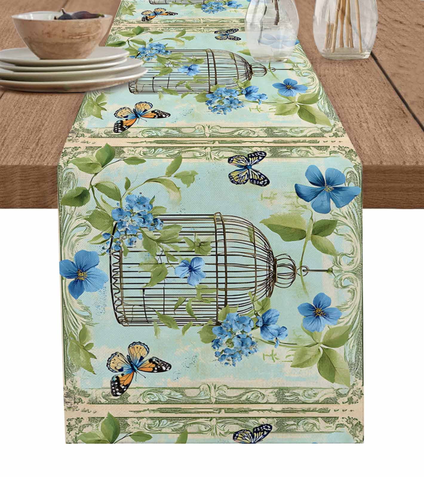 Birds Cage Table Runner 72 Inches, Green Botanical Blue Floral Bed ...