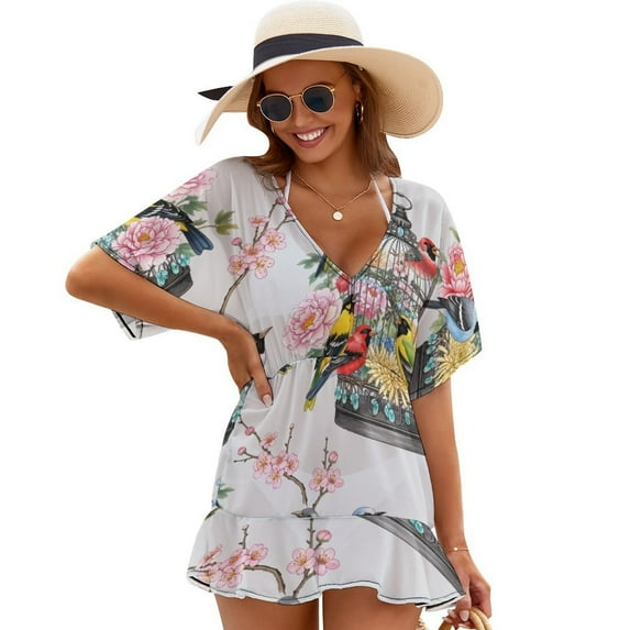 Birds, Cages, Flowers, Vibrant, Design Beach Cover Ups Women V Neck ...