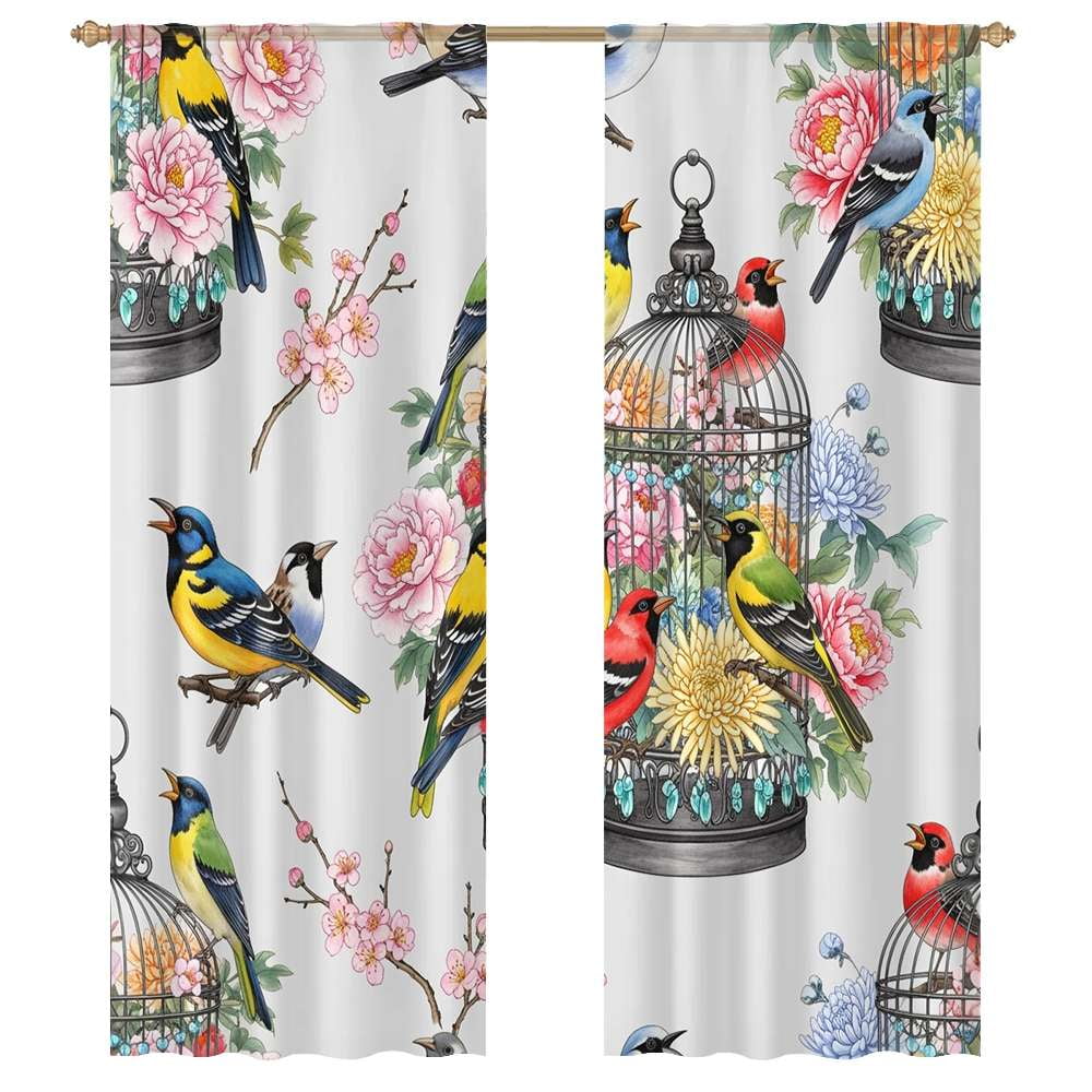 Birds, Cages, Flowers, Vibrant, Design Sheer Window Curtains for Living ...