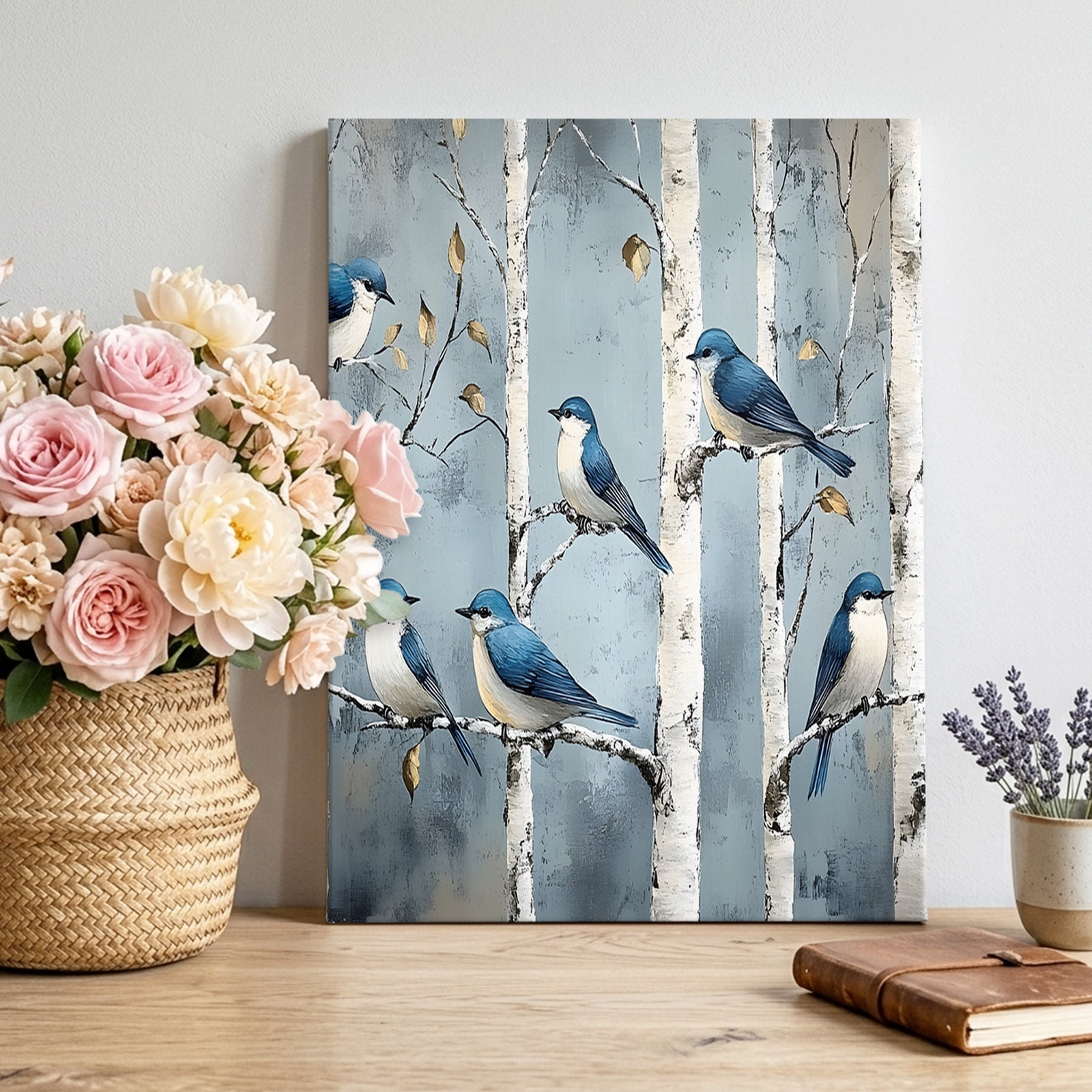 Birds Canvas Wall Art, Birch Tree Pictures Wall Decor Wooden Framed ...