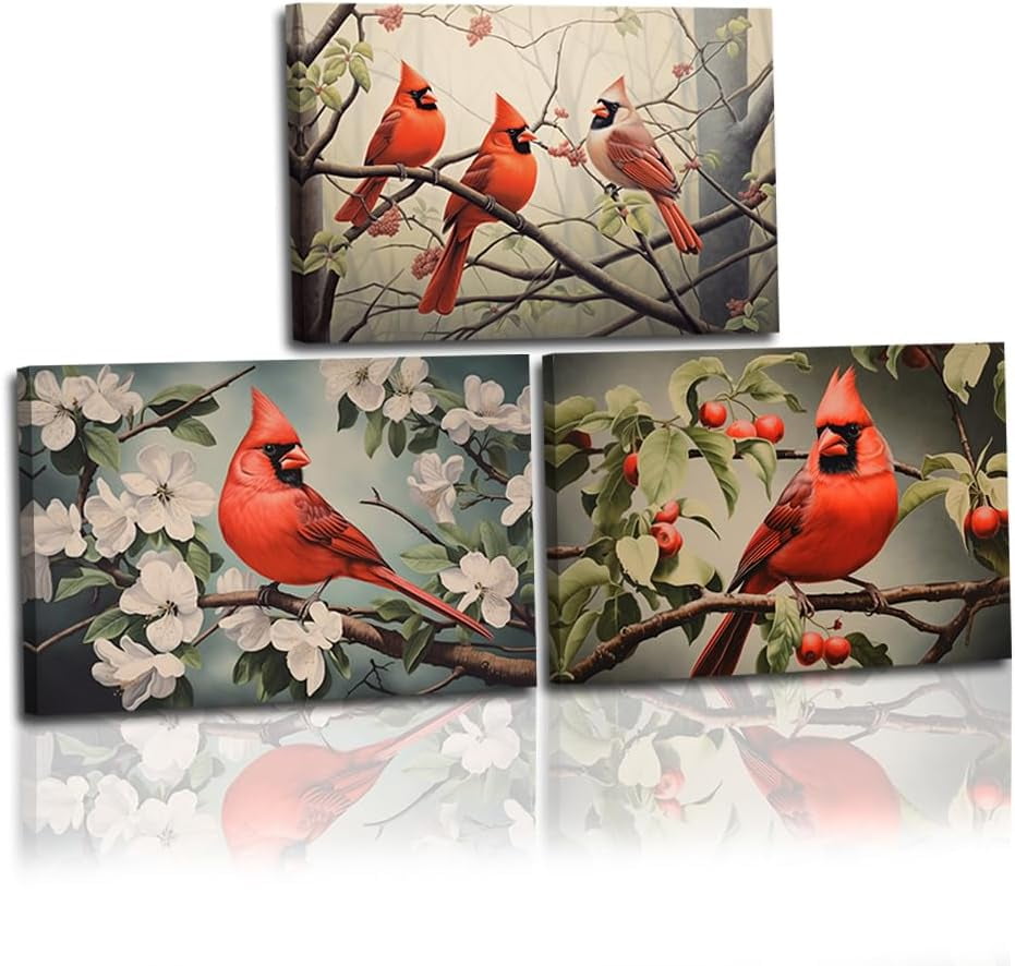 Birds Canvas Wall Art Set of 3 Red Cardinal on Branch Paintings ...
