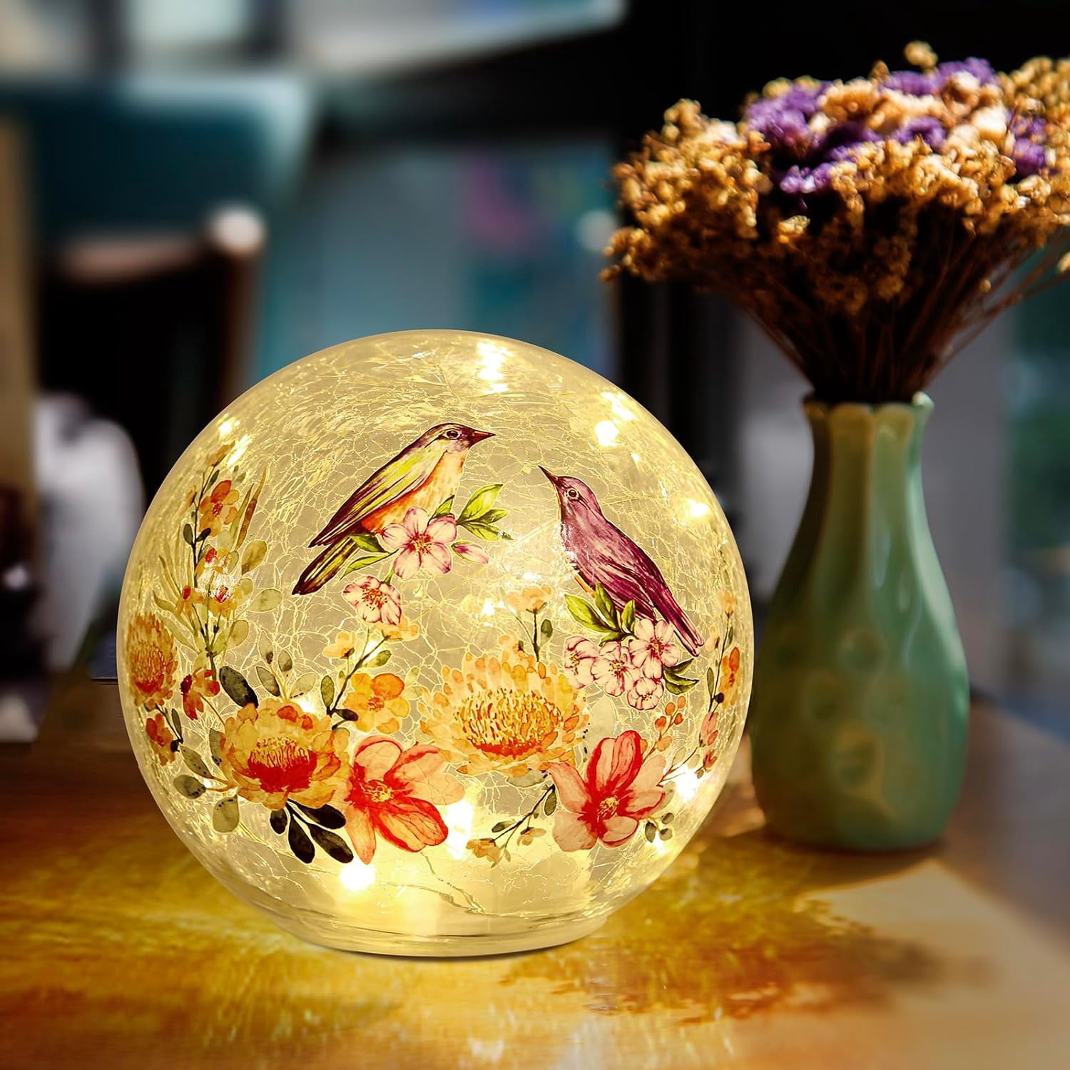 Birds and Colorful Flowers Crackle Lamp Timer Function Lamp- Glass ...