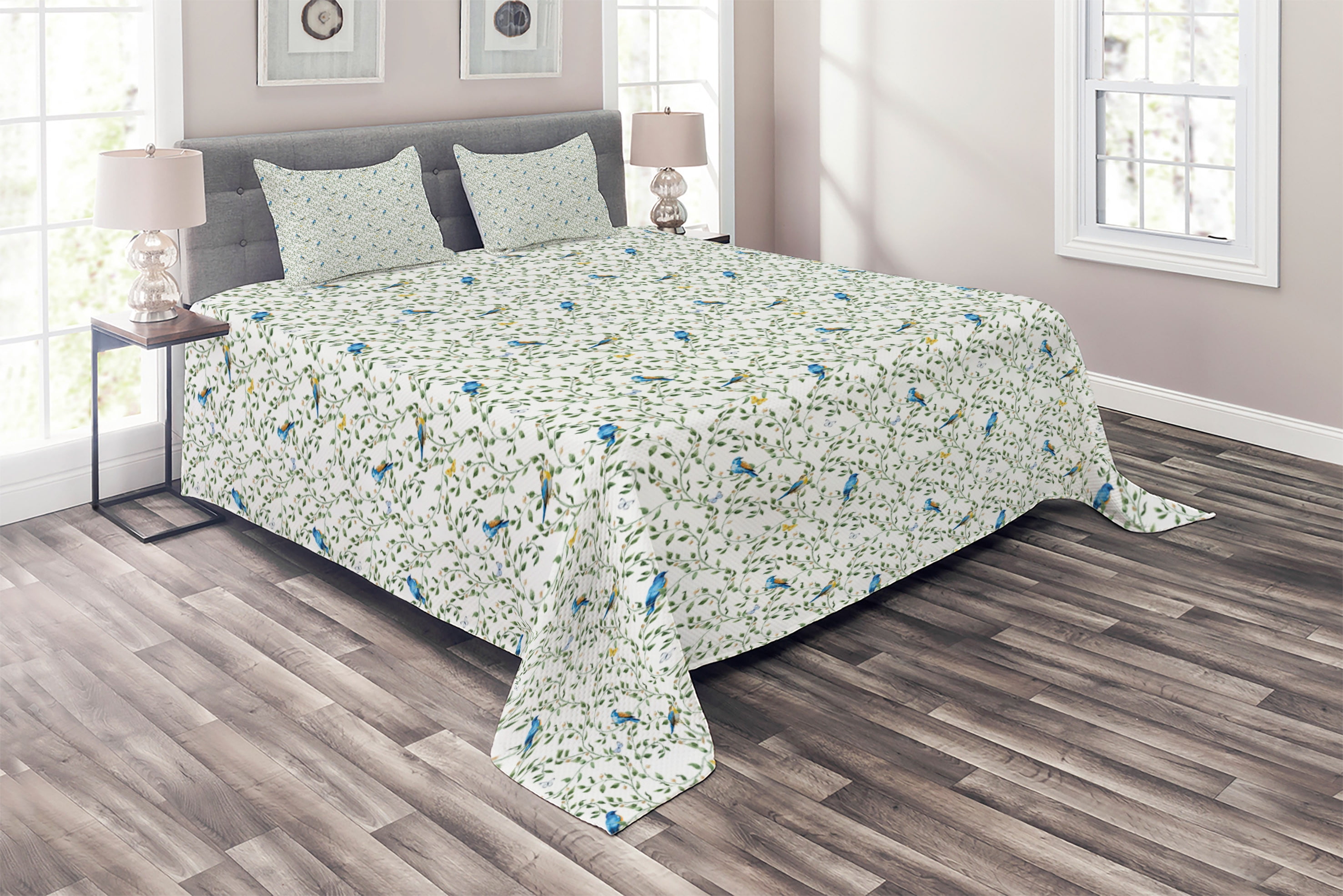 Birds Coverlet, Winged Animal and Butterflies on Thin Leafy Branches ...