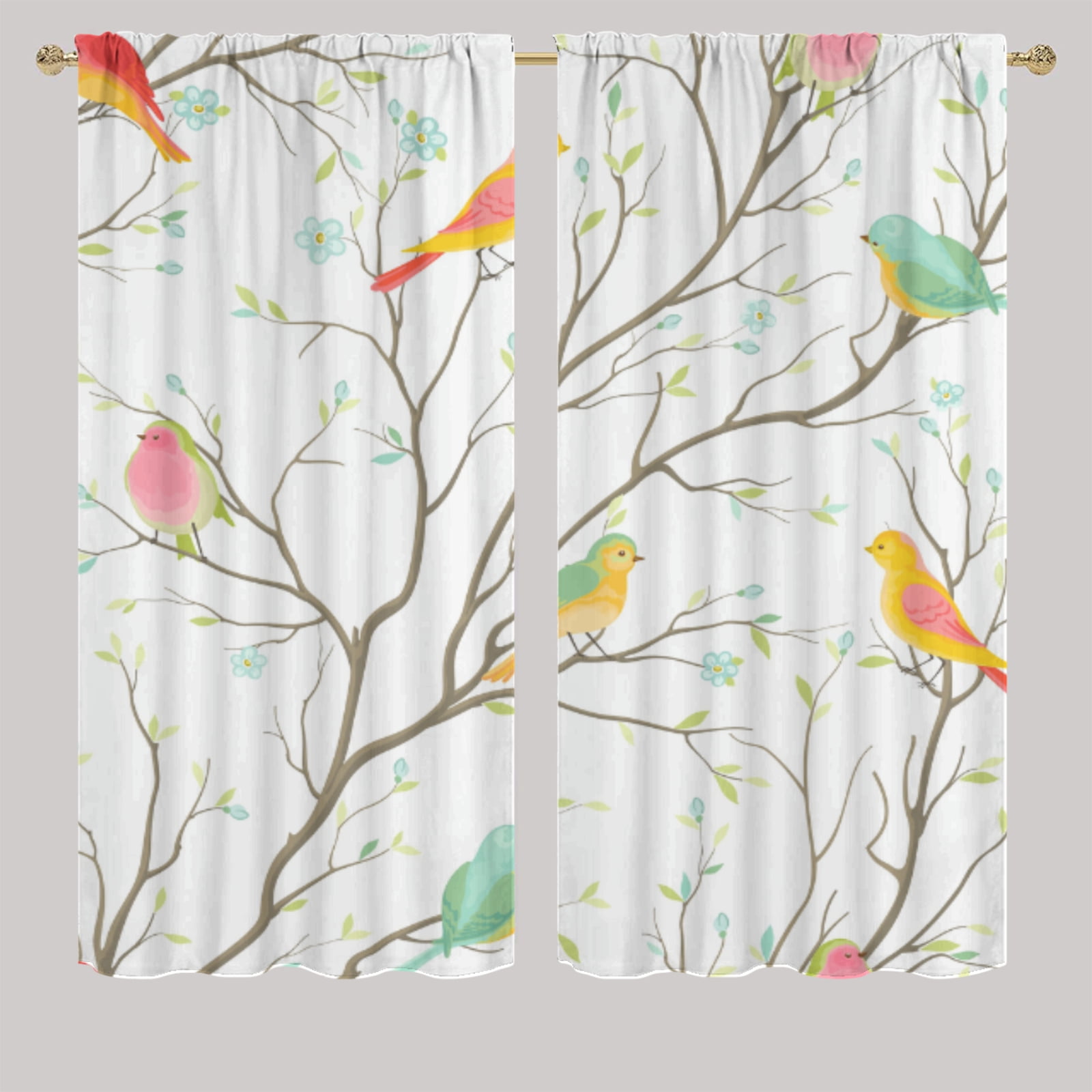 Birds Blackout Curtains Set Spring Retro Flowers Colorful Birds Design ...