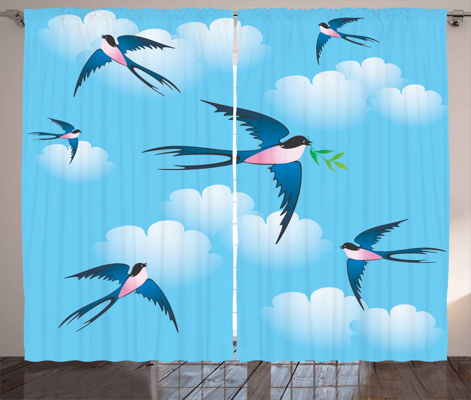 Ambesonne Birds Curtains 2 Panel Set, Hirundo Atrocaerulea, 108" x 63 ...