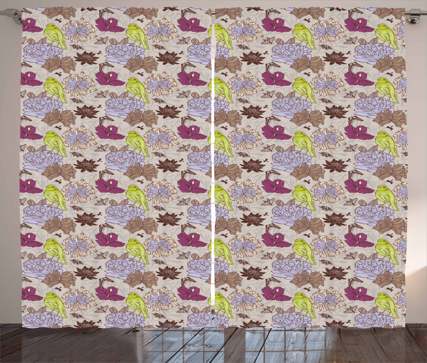 Birds Curtains 2 Panels Set, Silhouette of Papillon Butterflies and ...