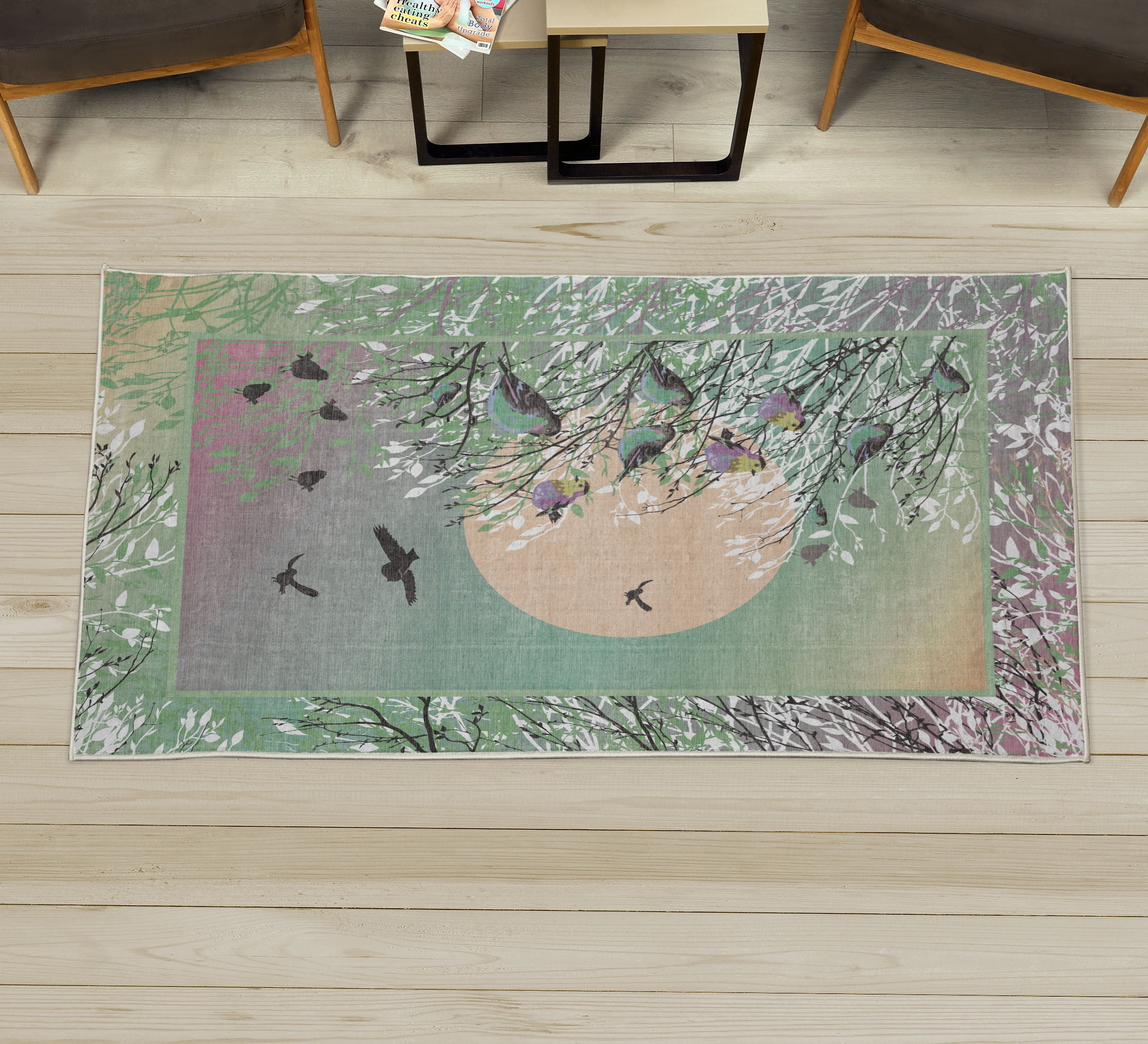 Birds Decorative Rug, Nature Themed Design of Flying Animals on Bare ...