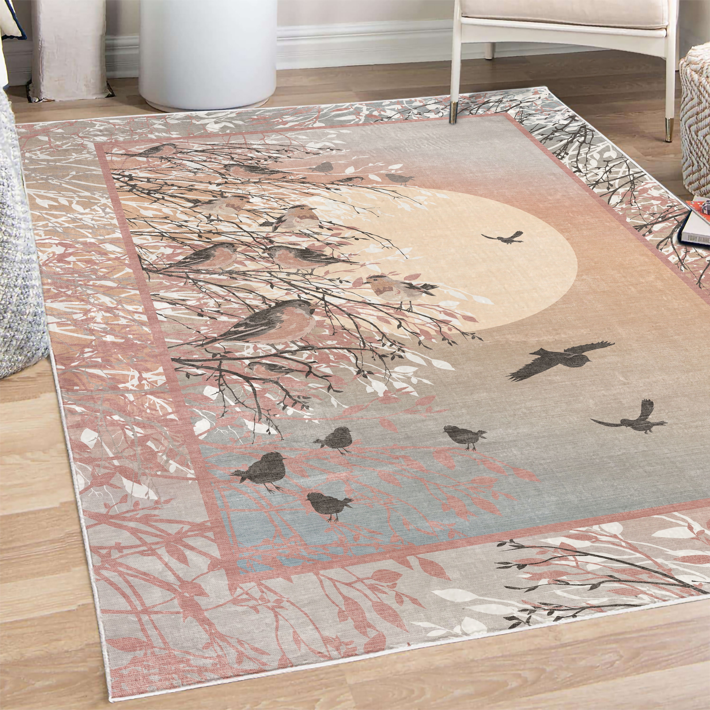 Birds Decorative Rug, Nature Themed Design of Flying Animals on Bare ...