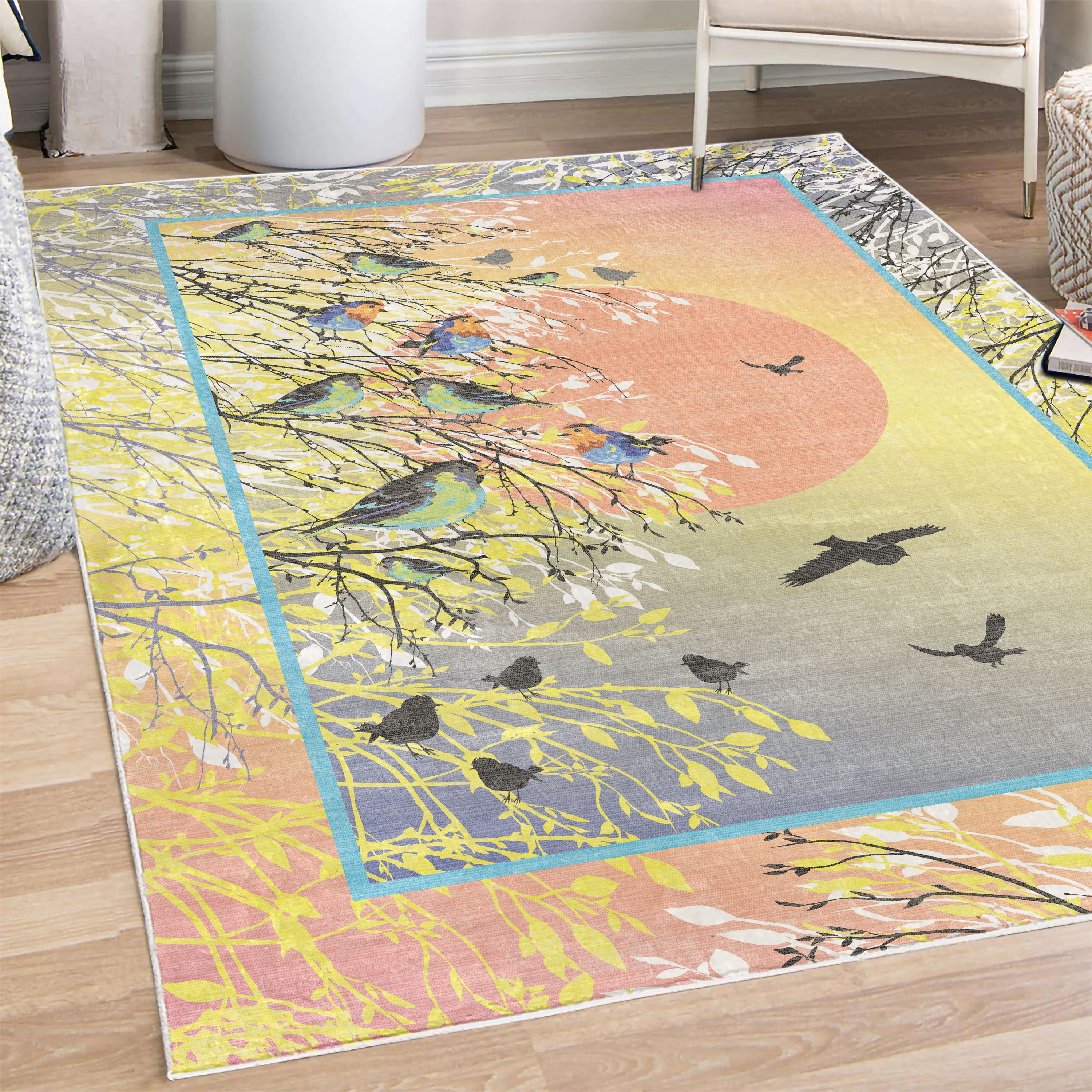 Birds Decorative Rug, Nature Themed Design of Flying Animals on Bare ...