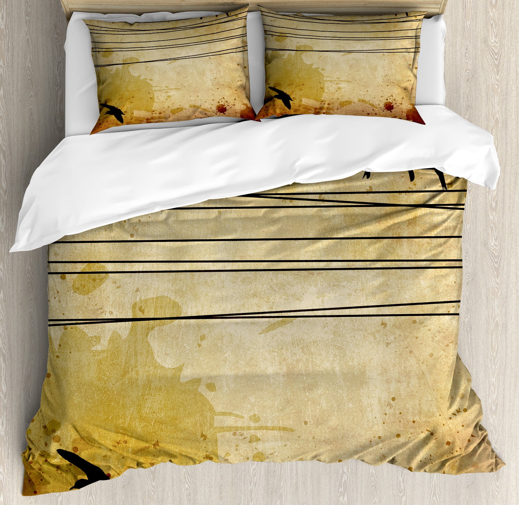 Birds Duvet Cover Set, Cables and Animals Image on Vintage Paper Style ...