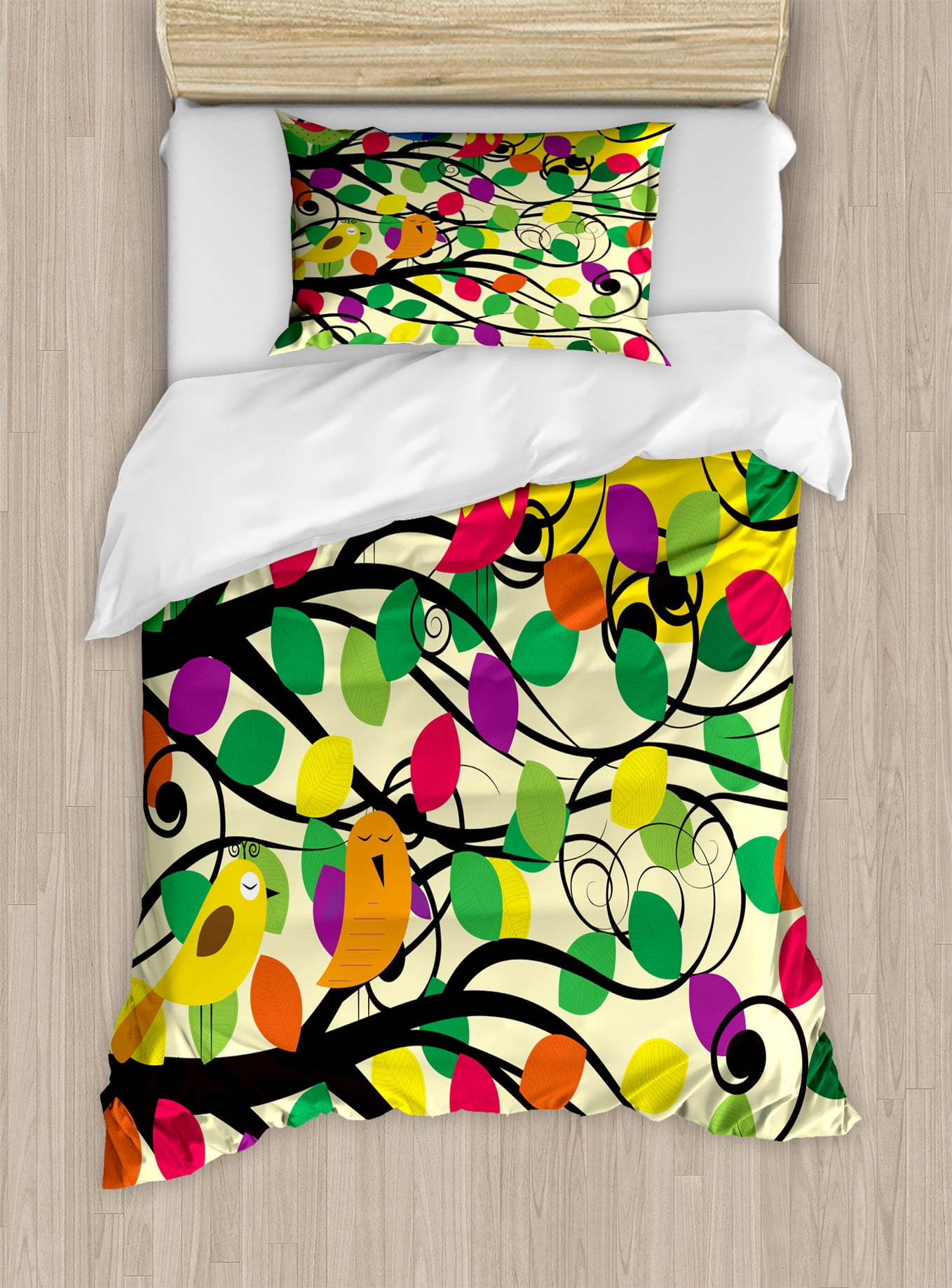Birds Duvet Cover Set, Cheerful Happy Birds Singing on Lively Tree ...